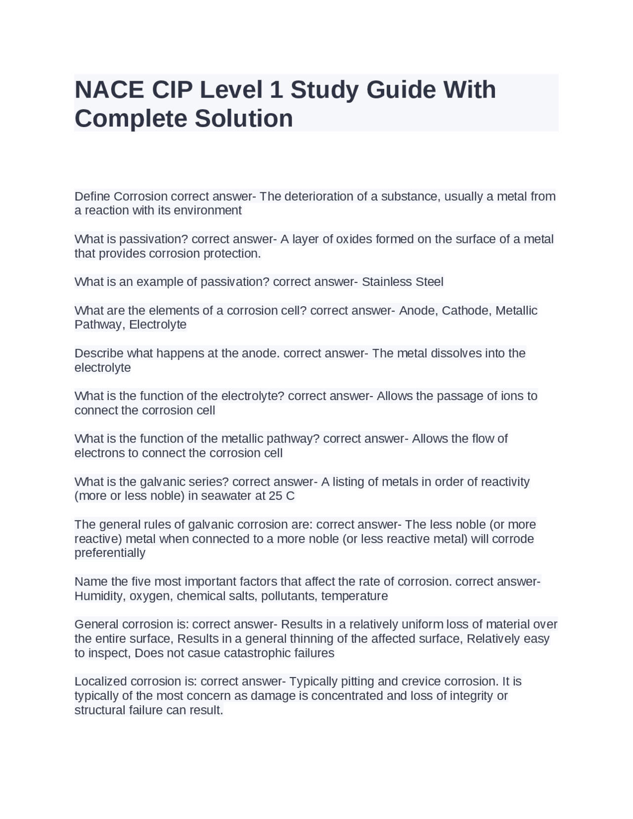 2024 NACE CIP LEVEL 1 STUDY GUIDE WITH COMPLETE SOLUTION | Exams Nursing | Docsity