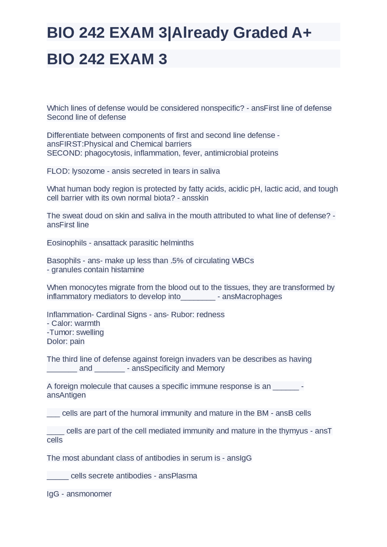 BIO 242 EXAM 3 Already Graded A+.docx | Exams Nursing | Docsity