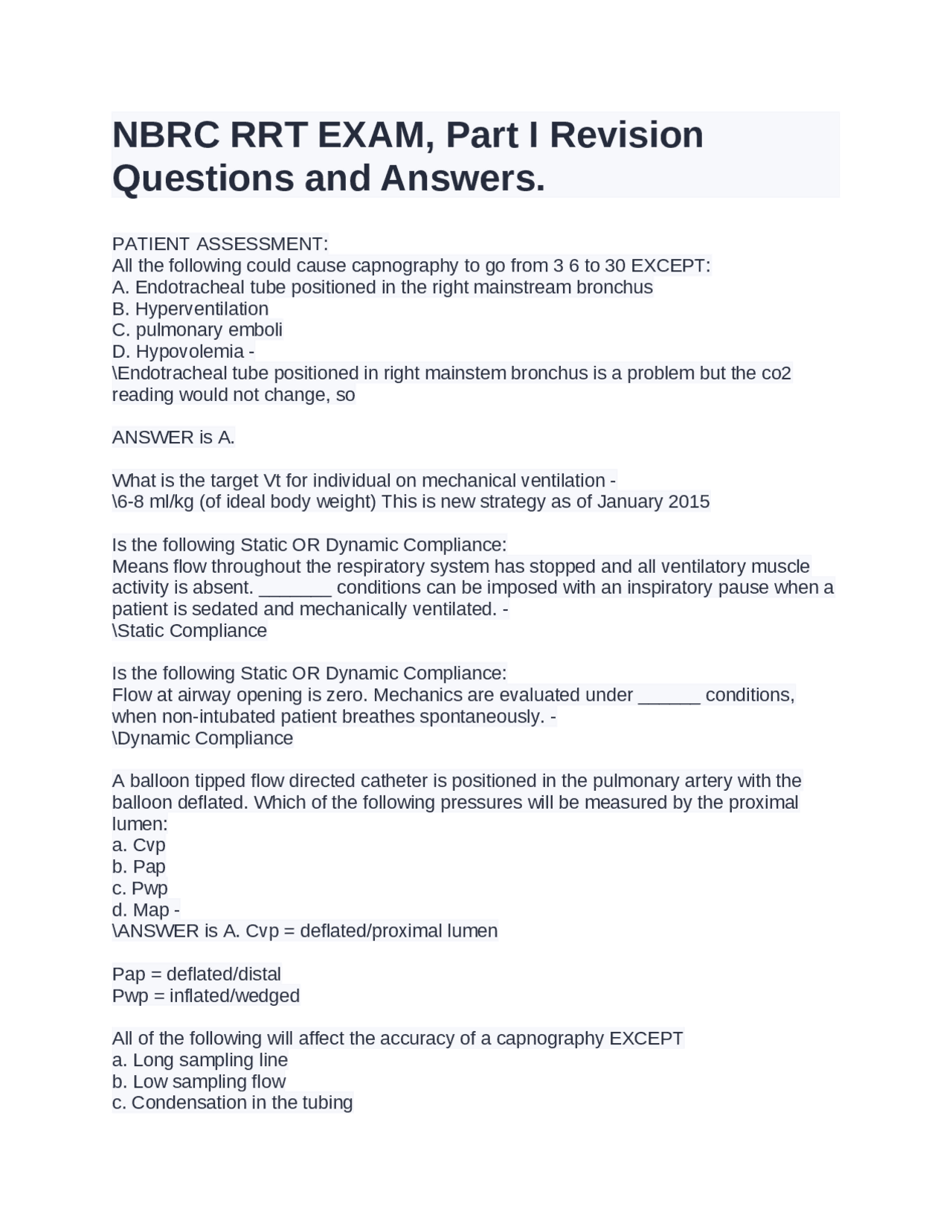 NBRC RRT EXAM, Part I Revision Questions and Answers. | Exams Medicine ...