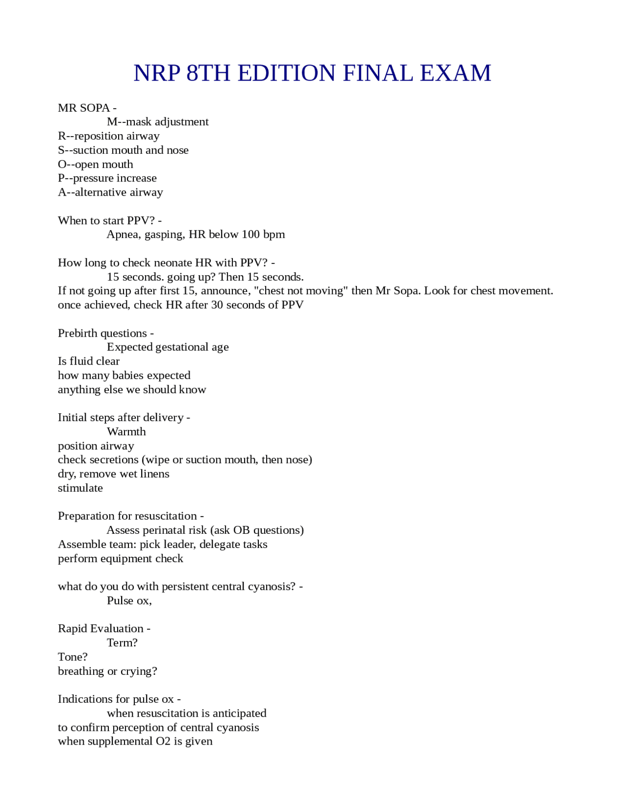 Neonatal Resuscitation Procedure: NRP 8th Edition Final Exam Study ...