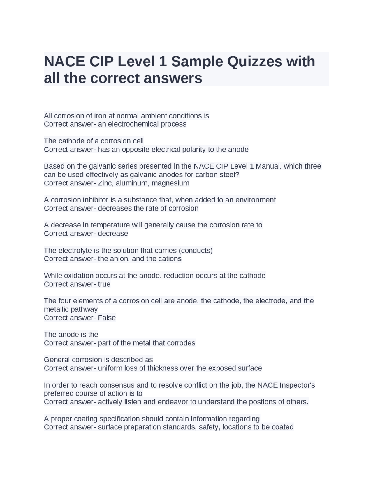 NACE CIP LEVEL 1 SAMPLE QUIZZES UPDATED 2024 WITH COMPLETE SOLUTION ...