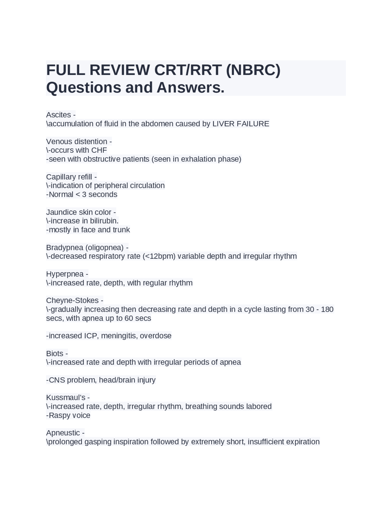 FULL REVIEW CRT/RRT (NBRC) Questions and Answers. | Exams Medicine ...