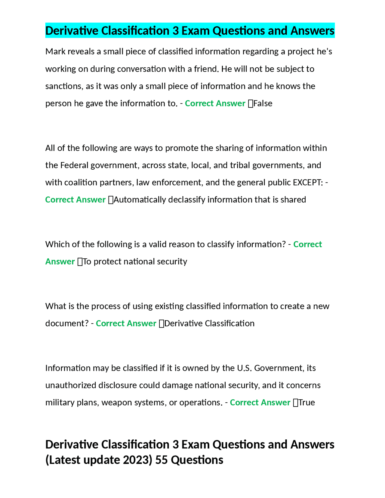 Derivative Classification 3 Exam Questions and Answers | Exams ...