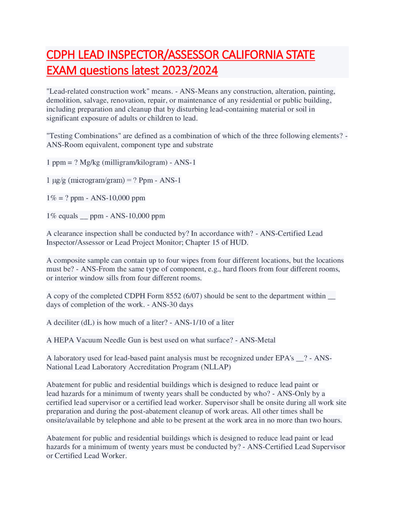 CDPH LEAD INSPECTOR/ASSESSOR CALIFORNIA STATE EXAM questions latest ...