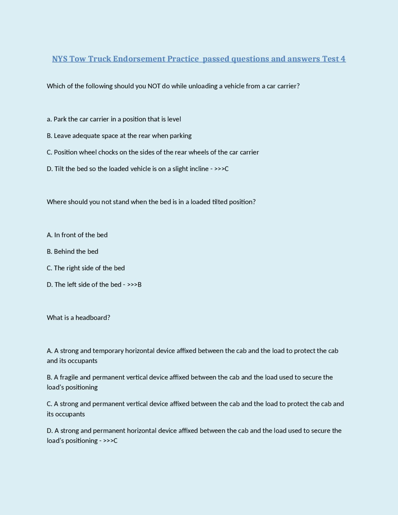 NYS Tow Truck Endorsement Practice passed questions and answers Test 4 ...
