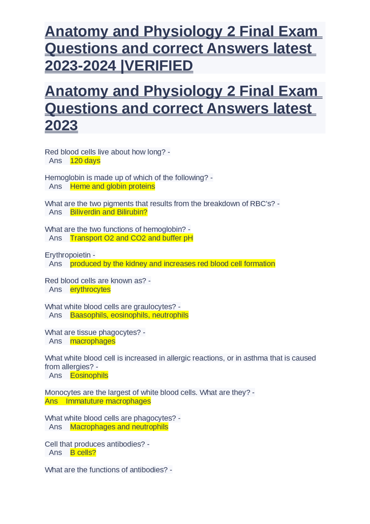 Anatomy and Physiology 2 Final Exam Questions and correct Answers ...