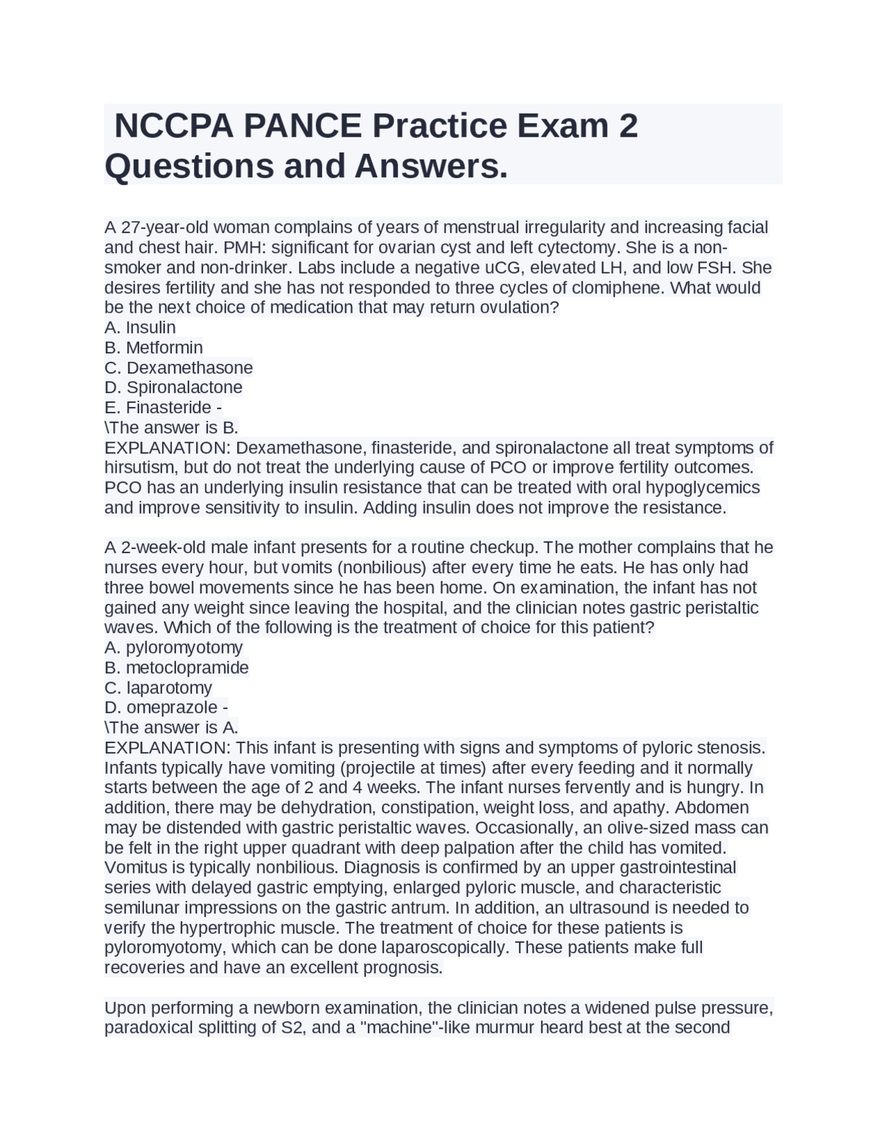 NCCPA PANCE Practice Exam 2 Questions and Answers. | Exams Medicine ...