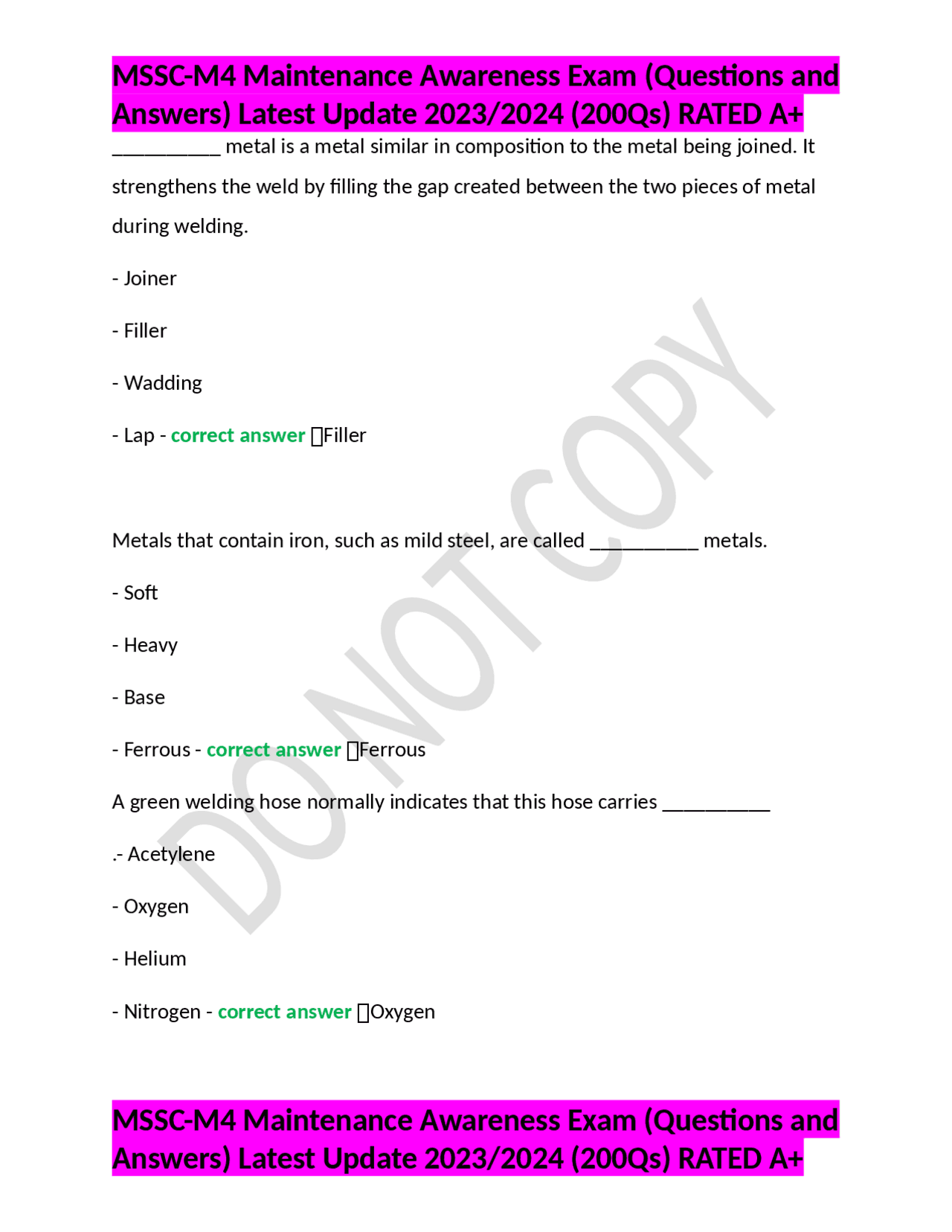 MSSC-M4 Maintenance Awareness Exam (Questions and Answers) Latest ...
