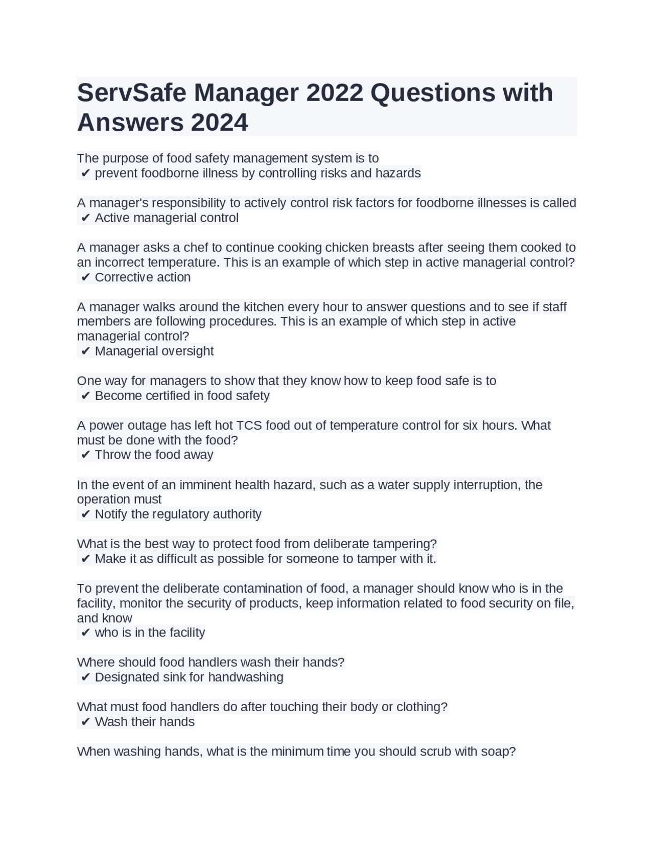 ServSafe Manager 2022 Questions with Answers 2024 | Exams Nursing | Docsity