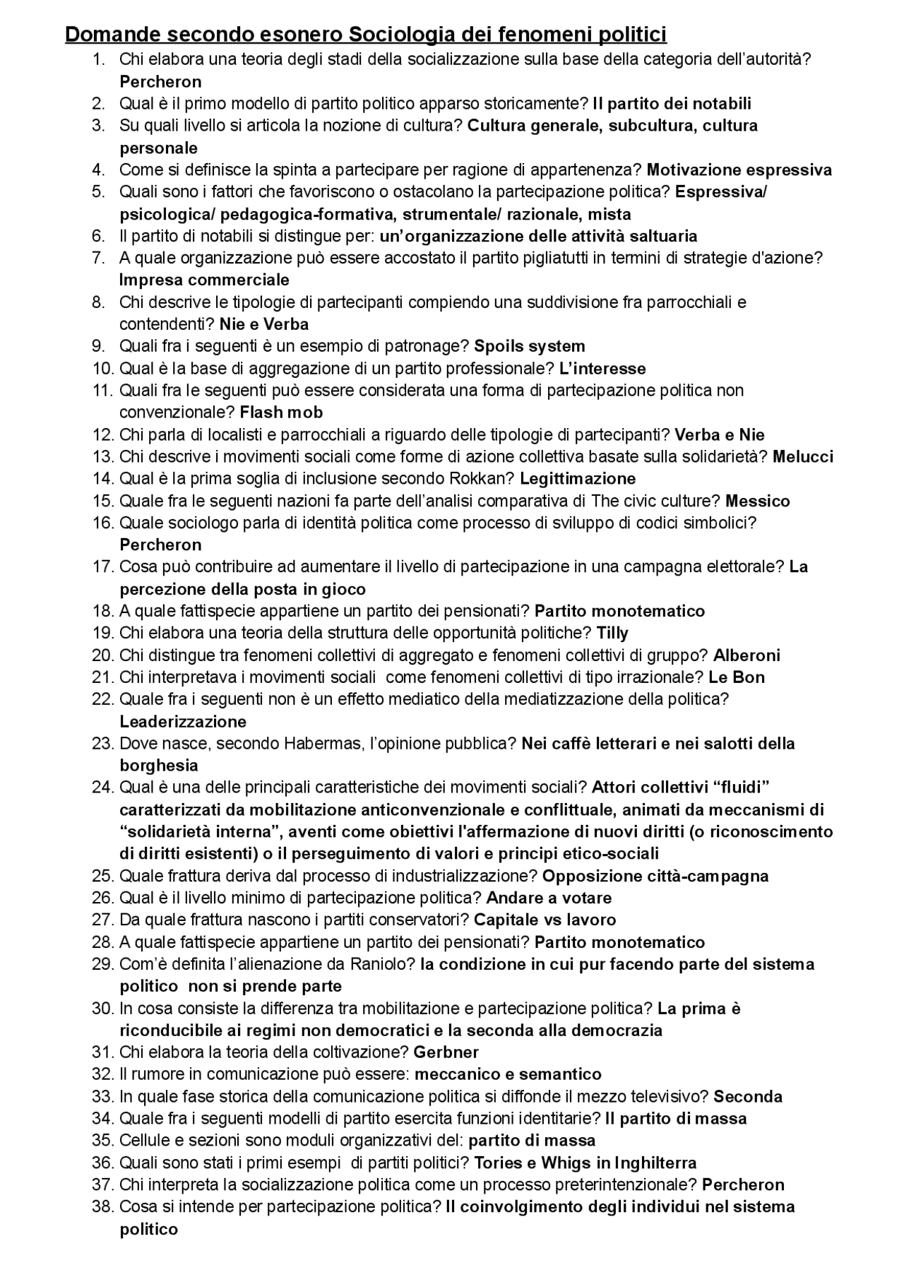 Domande secondo esonero Sociologia dei fenomeni politici - Prof. Putini | Prove d'esame di ...