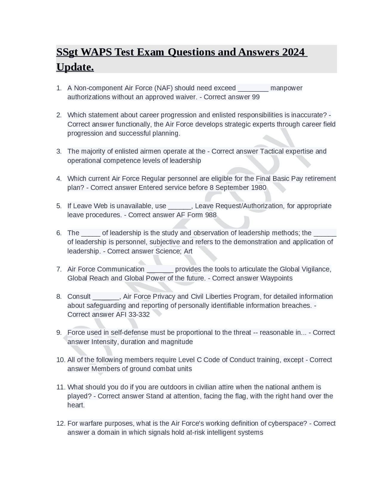 SSgt WAPS Test Exam Questions and Answers 2024 | Exams Phonetics and ...