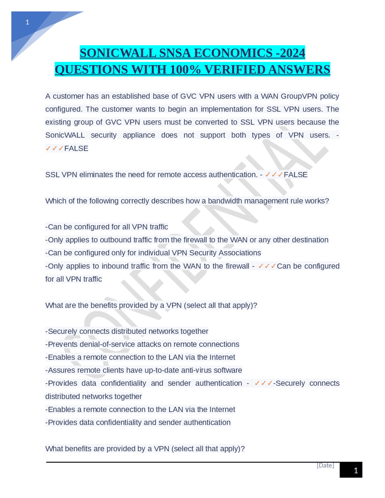 SONICWALL SNSA ECONOMICS -2024 QUESTIONS WITH 100% VERIFIED ANSWERS ...