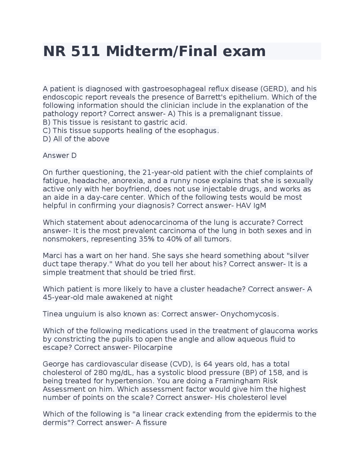 Midterm/Final Exam: Diagnosis and Treatment of Various Medical ...