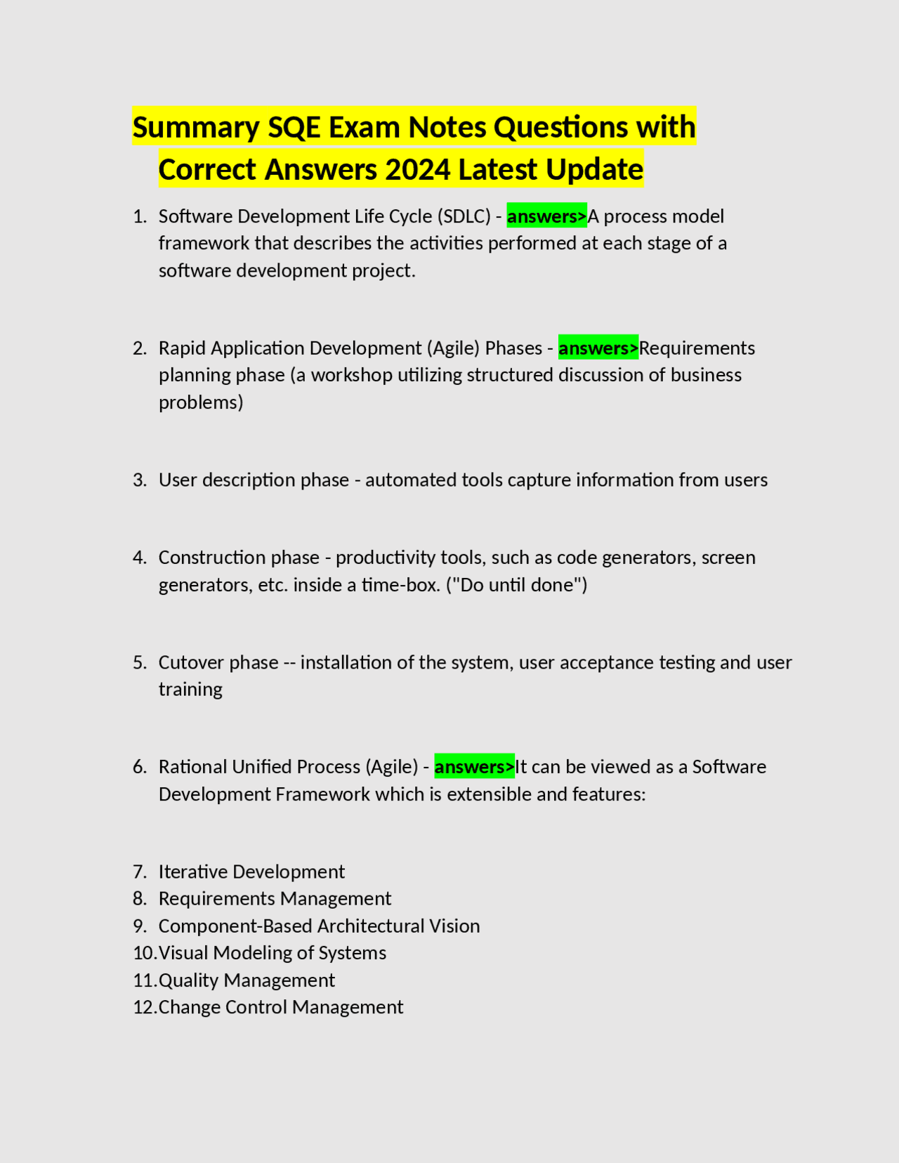 Summary SQE Exam Notes Questions with Correct Answers 2024 Latest ...