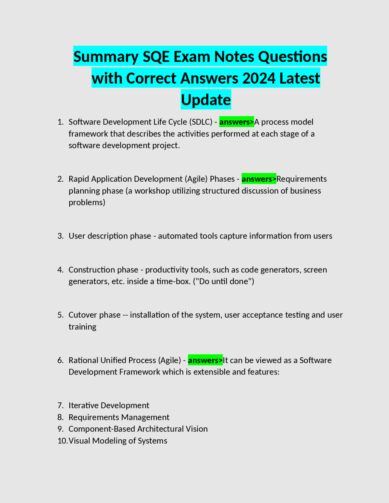 Summary SQE Exam Notes Questions with Correct Answers 2024 Latest ...