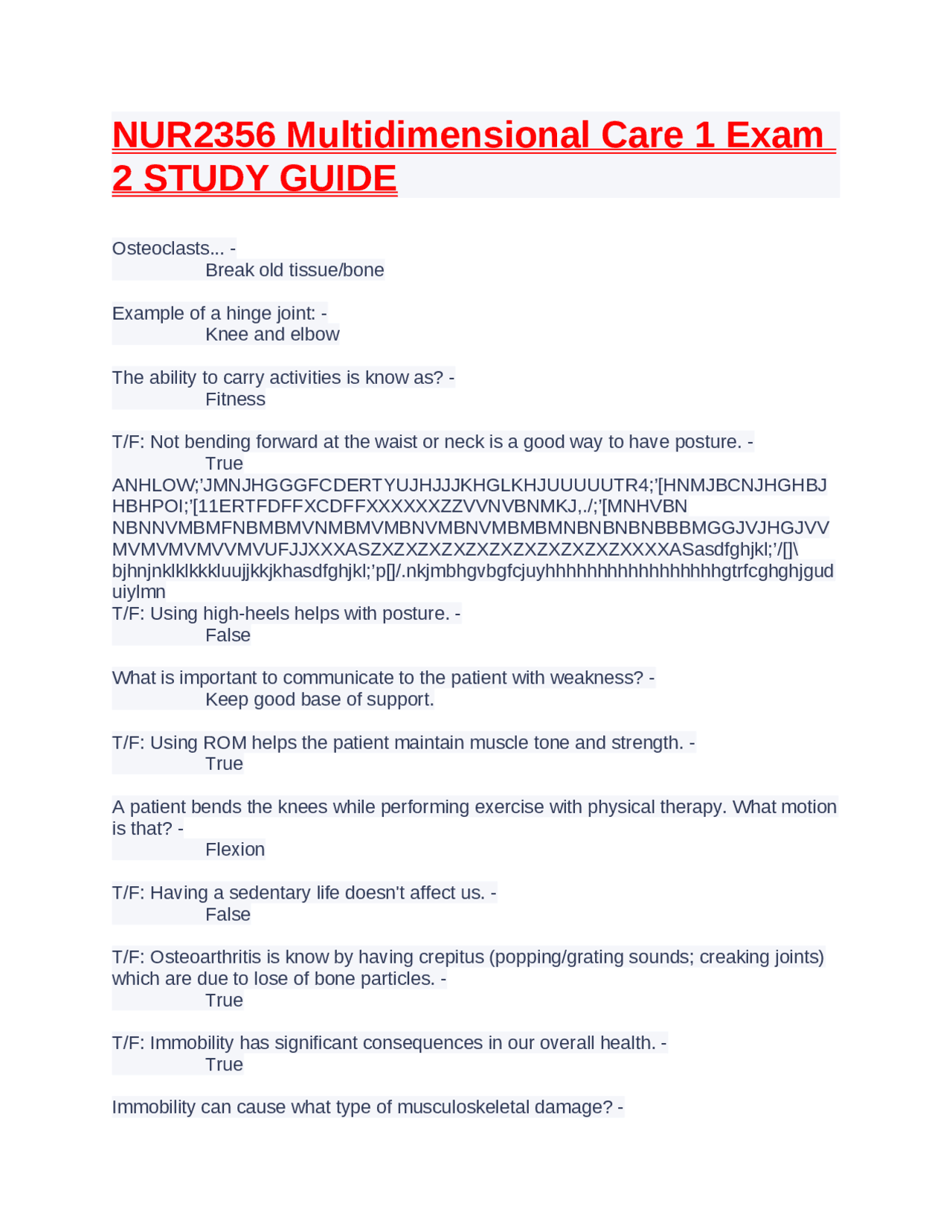 NUR2356 Multidimensional Care 1 Exam 2 STUDY GUIDE | Exams Nursing ...