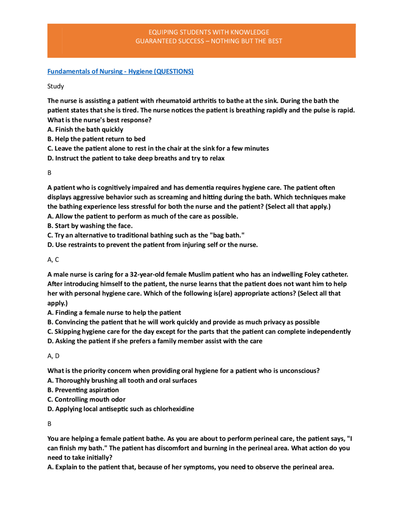 Fundamentals of Nursing - Hygiene Questions and Answers with ...