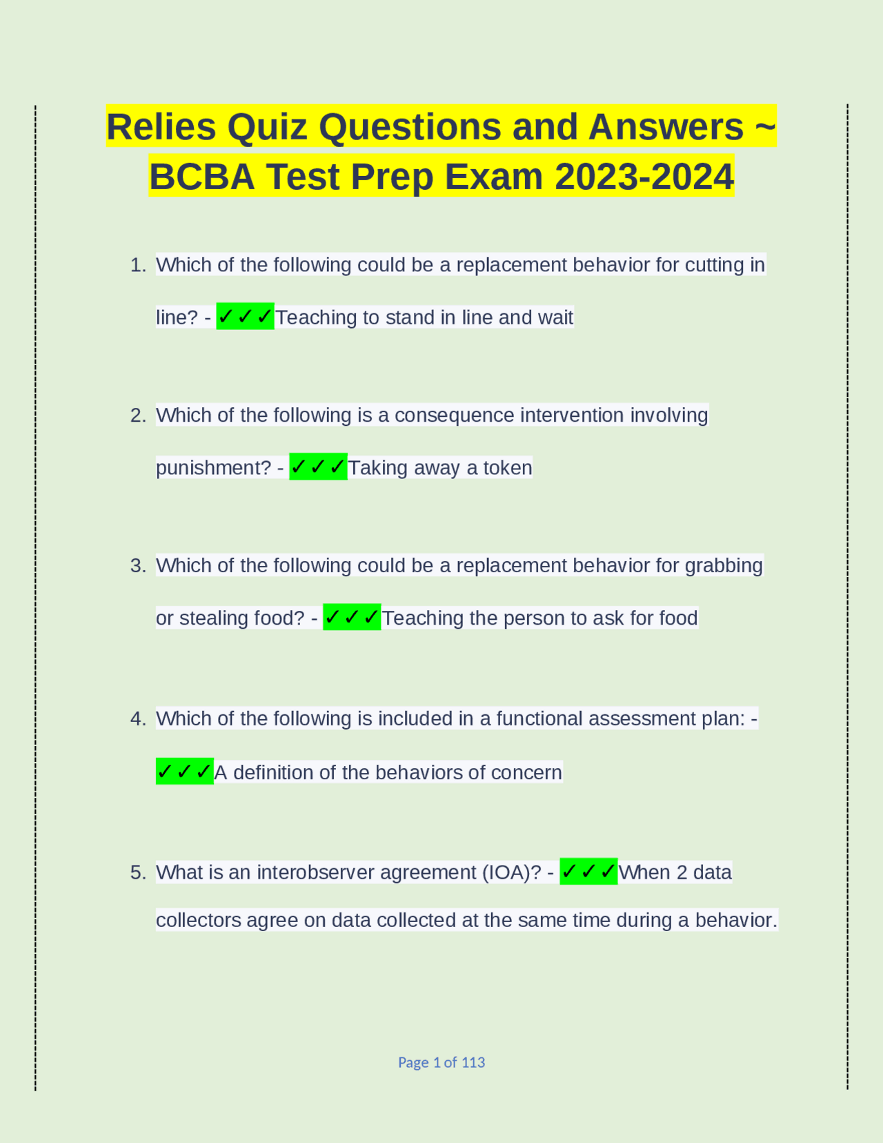 Relies Quiz Questions and Answers ~ BCBA Test Prep Exam 2023-2024 ...
