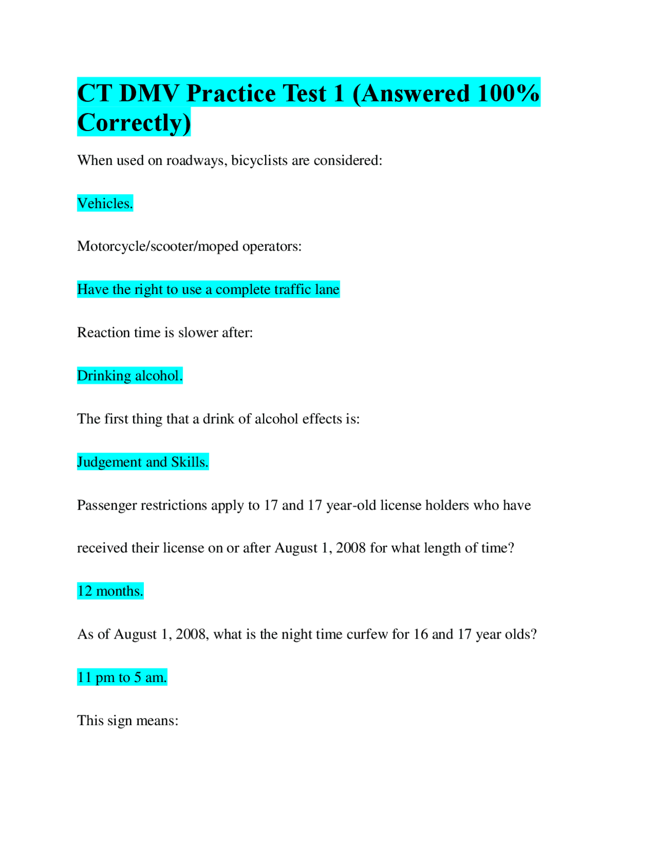 CT DMV Practice Test 1: Road Rules for Bicyclists, Motorcyclists, and ...