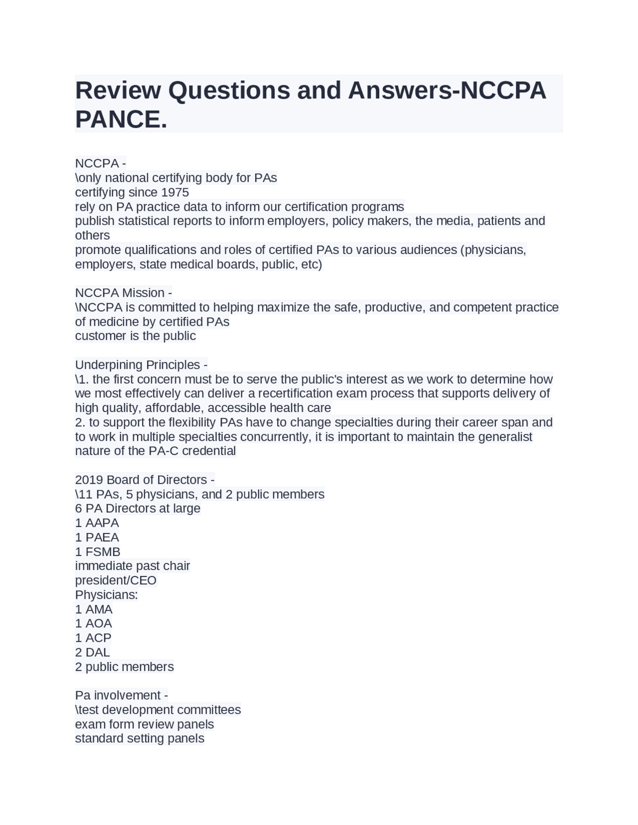 Review Questions and Answers-NCCPA PANCE. | Exams Medicine | Docsity