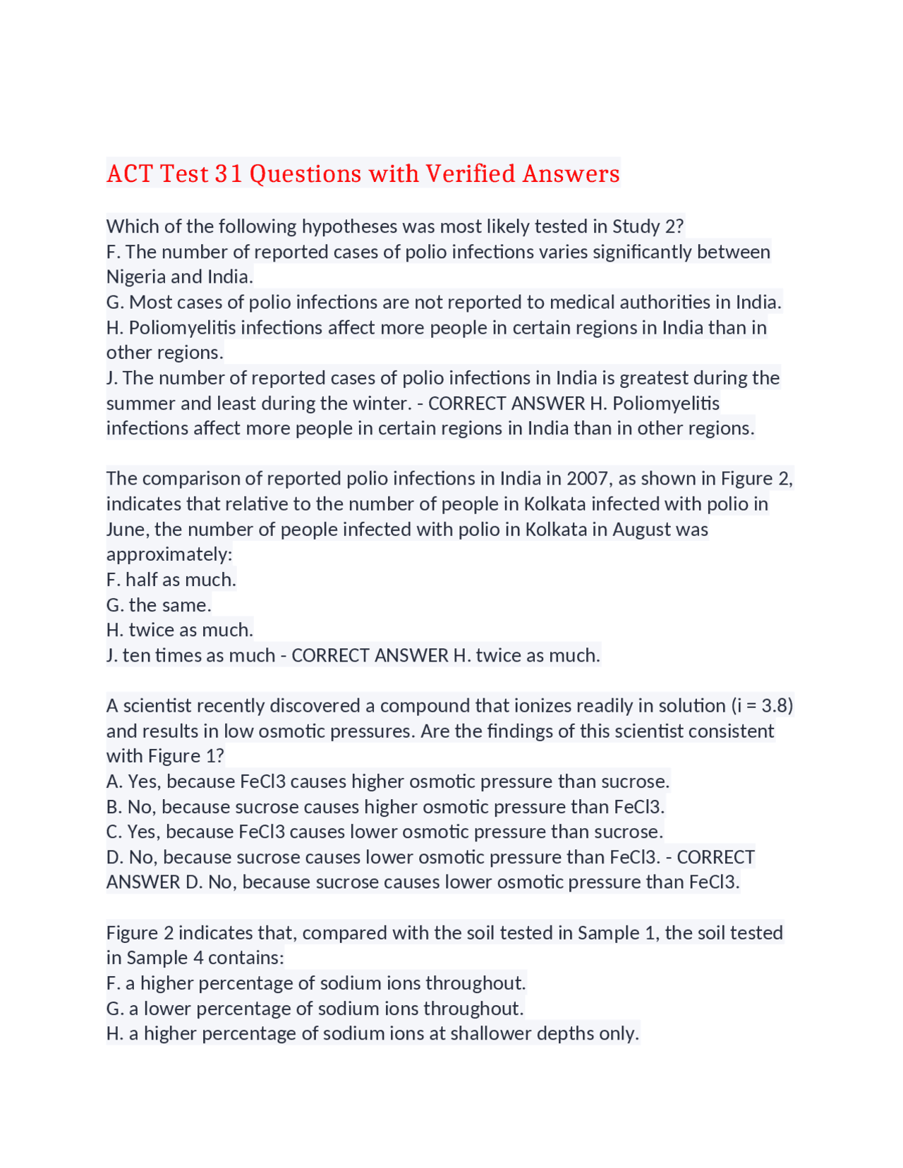 ACT Test 31 Questions with Verified Answers,100% CORRECT | Exams ...
