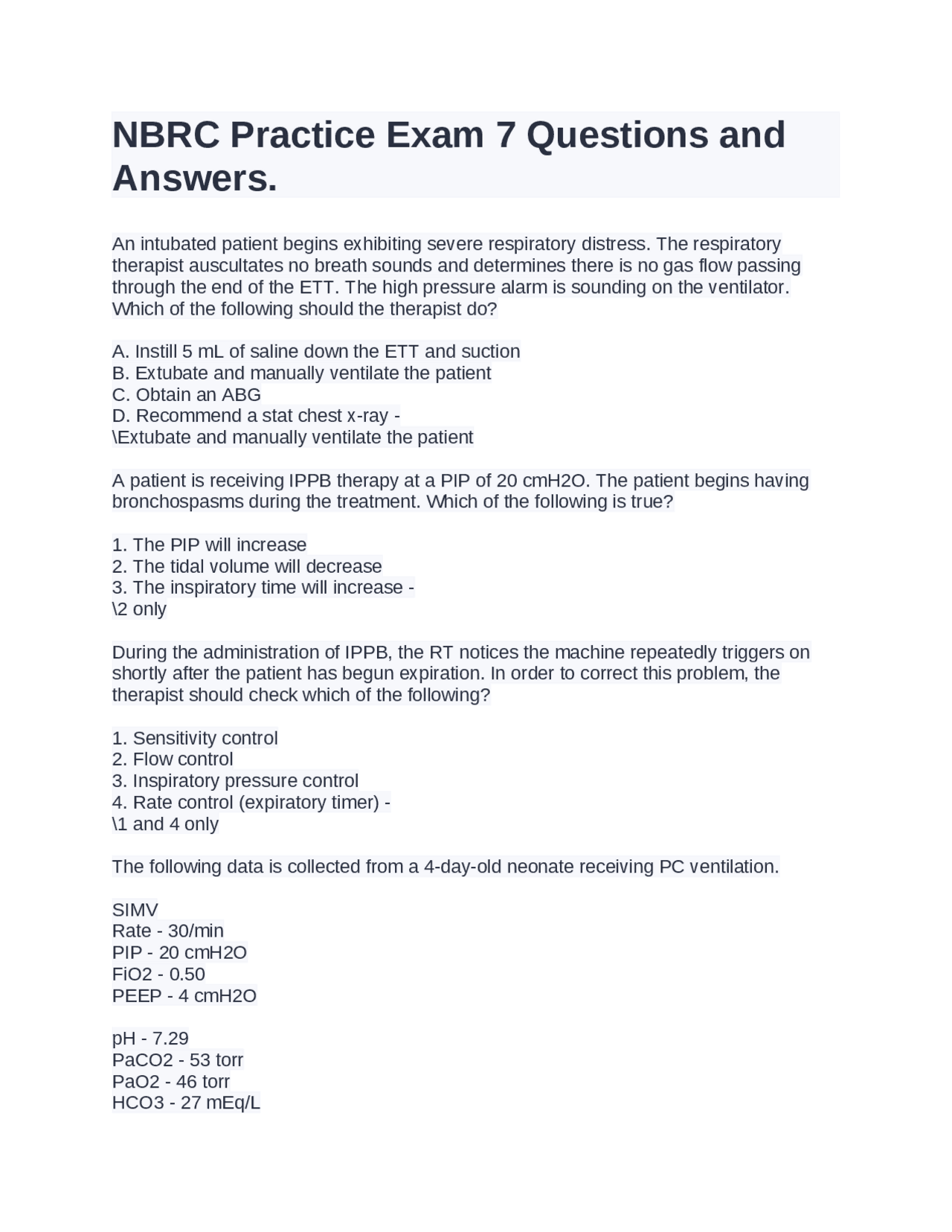 NBRC Practice Exam 7 Questions and Answers. | Exams Medicine | Docsity