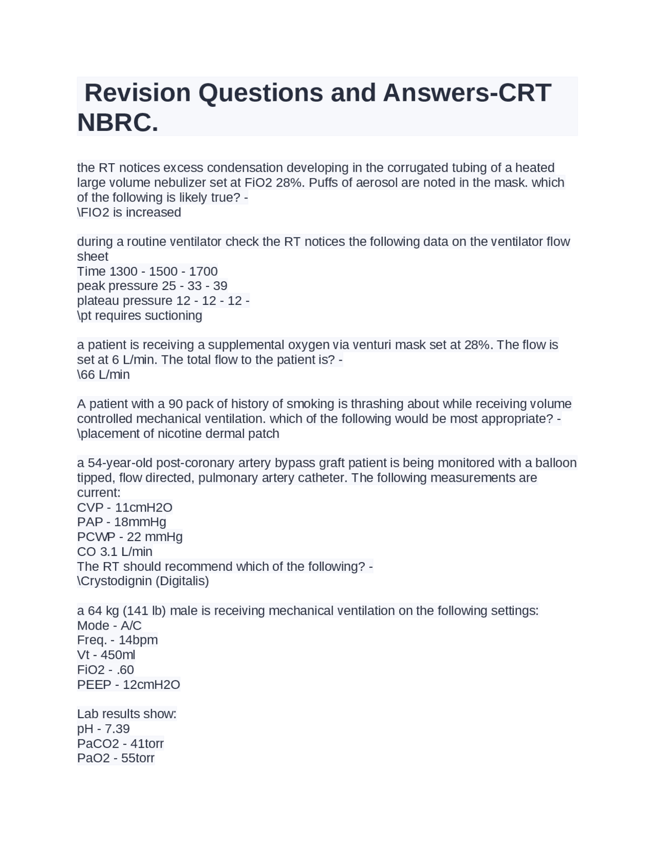 Revision Questions and Answers-CRT NBRC. | Exams Medicine | Docsity