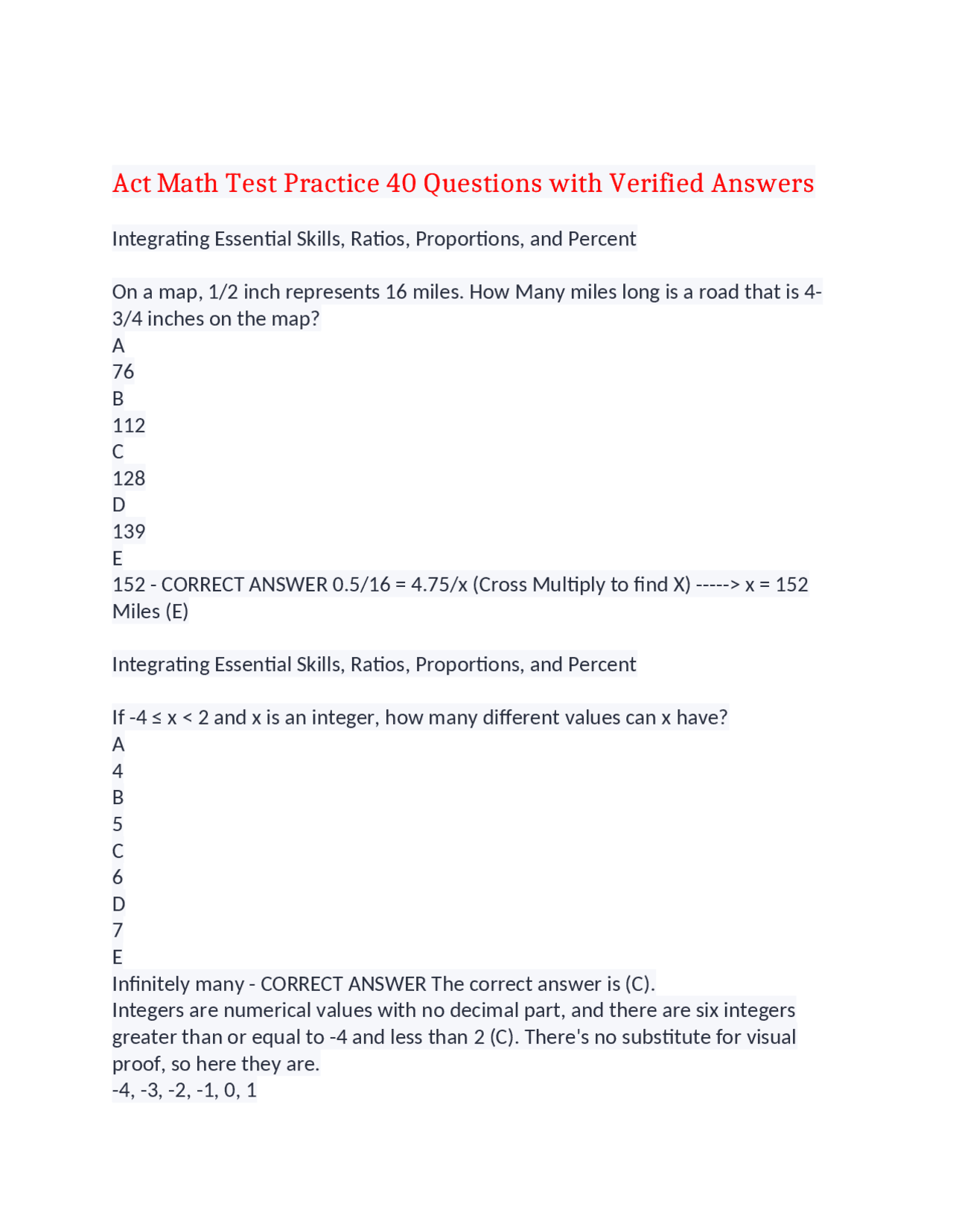 Act Math Test Practice 40 Questions with Verified Answers,100% CORRECT ...