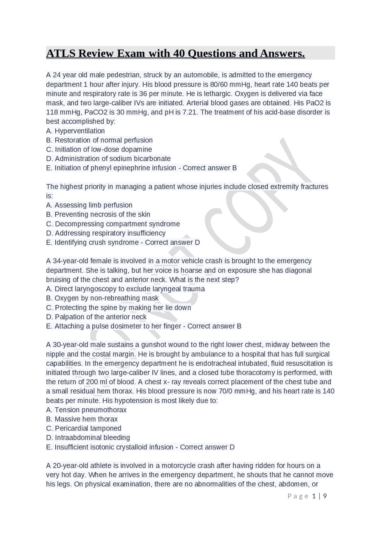 ATLS Review Exam with 40 Questions and Answers. | Exams Cytology and ...