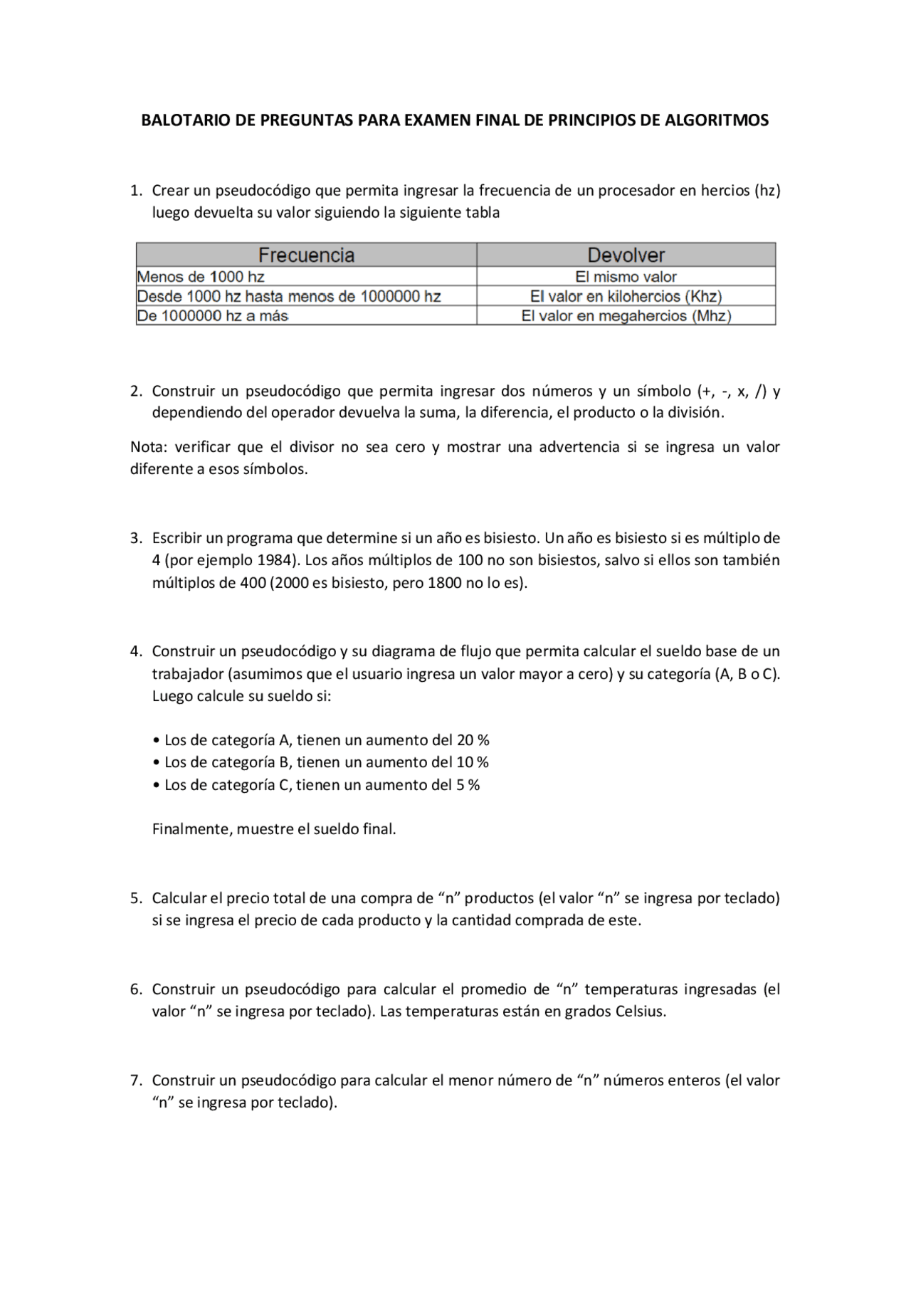 BALOTARIO DEL EXAMEN FINAL DE PRINCIPIOS DE ALGORITMOS | Ejercicios de ...