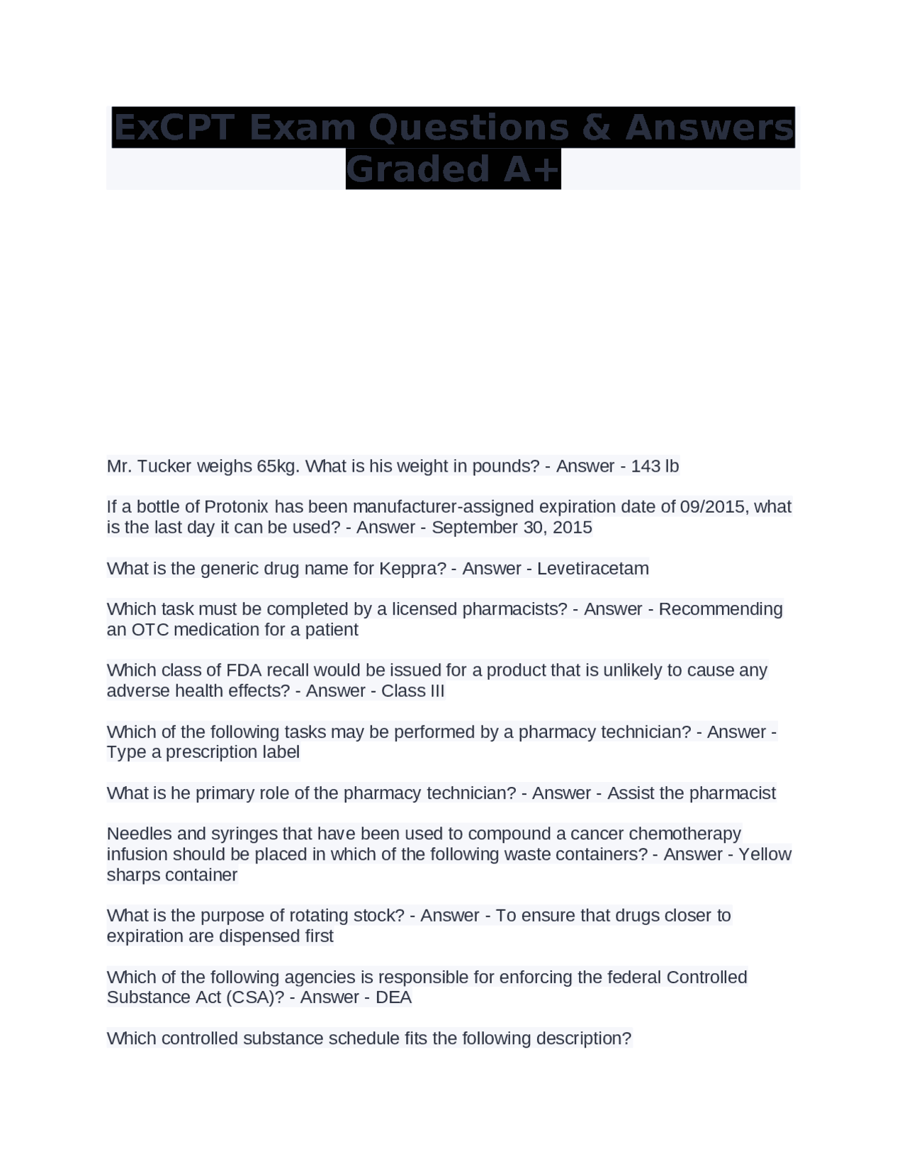 ExCPT Exam Questions & Answers Graded A+ | Exams Nursing | Docsity