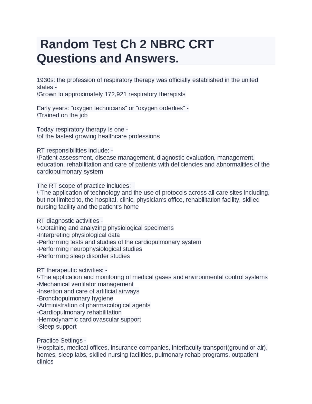 Random Test Ch 2 NBRC CRT Questions and Answers. | Exams Medicine | Docsity