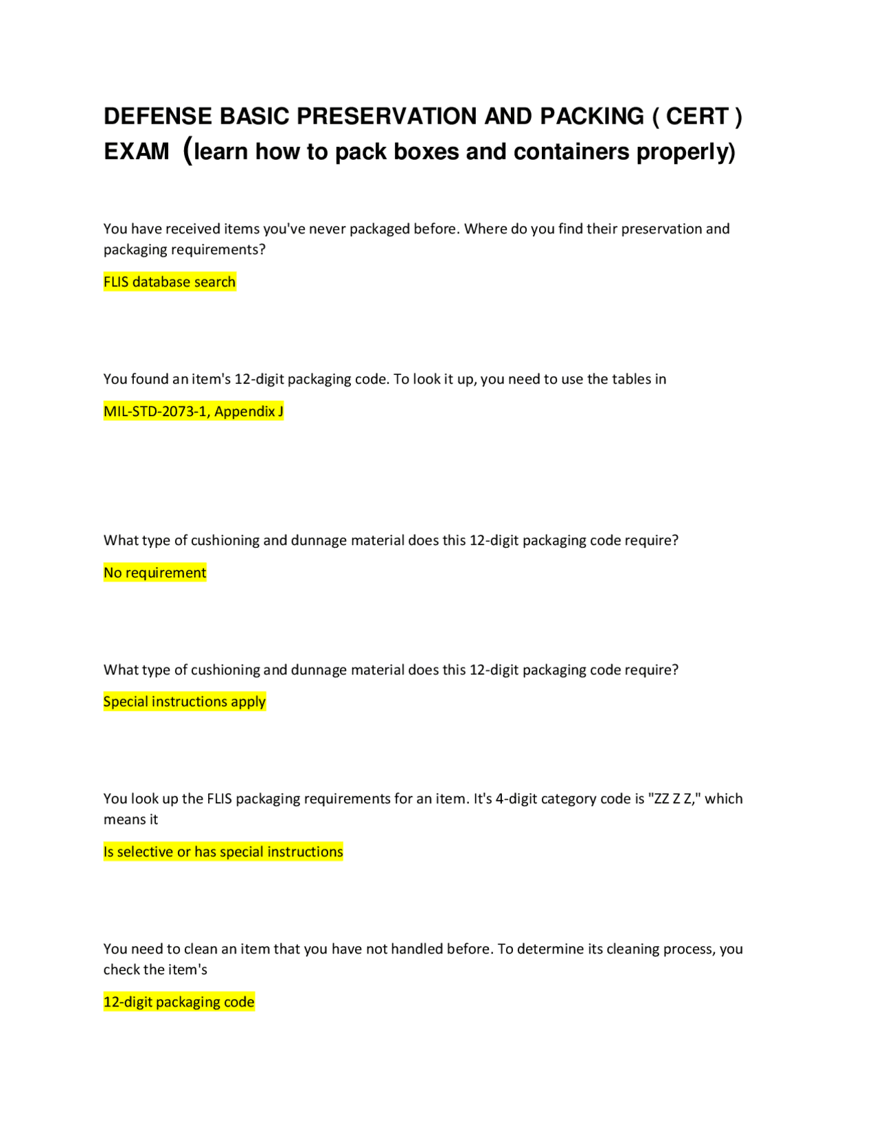 DEFENSE BASIC PRESERVATION AND PACKING ( CERT ) EXAM (learn how to pack boxes and contain ...