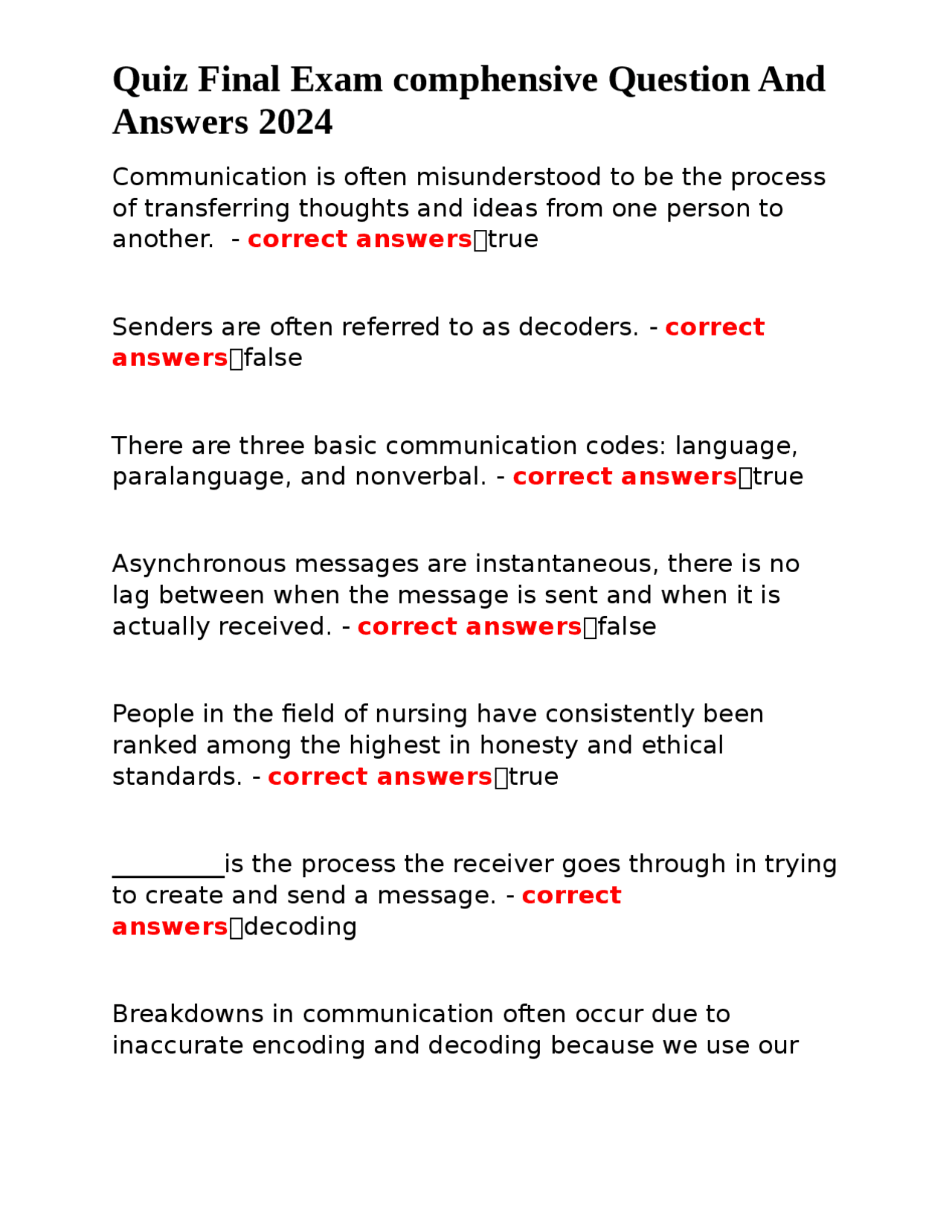 Quiz Final Exam comphensive Question And Answers 2024 | Exams Nursing | Docsity
