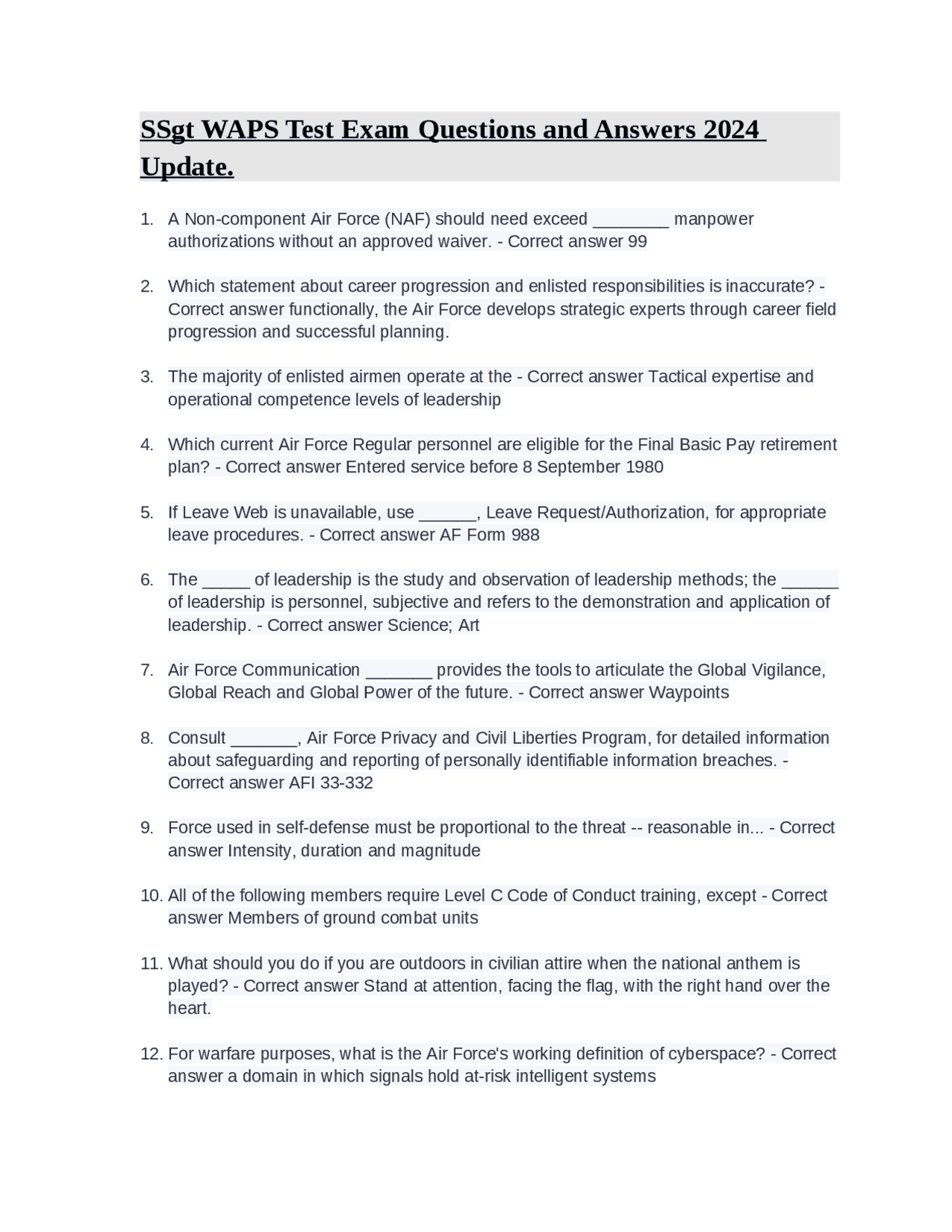 SSgt WAPS Test Exam Questions and Answers 2024 Update. | Exams ...