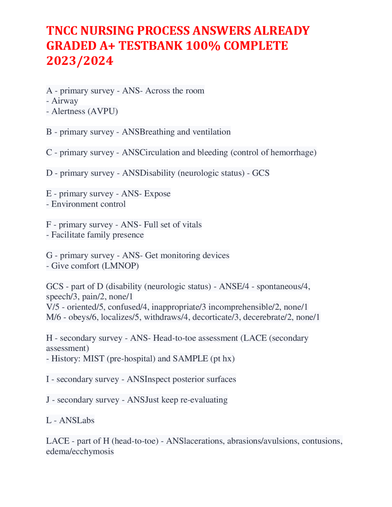 TNCC NURSING PROCESS ANSWERS ALREADY GRADED A+ TESTBANK 100% COMPLETE ...
