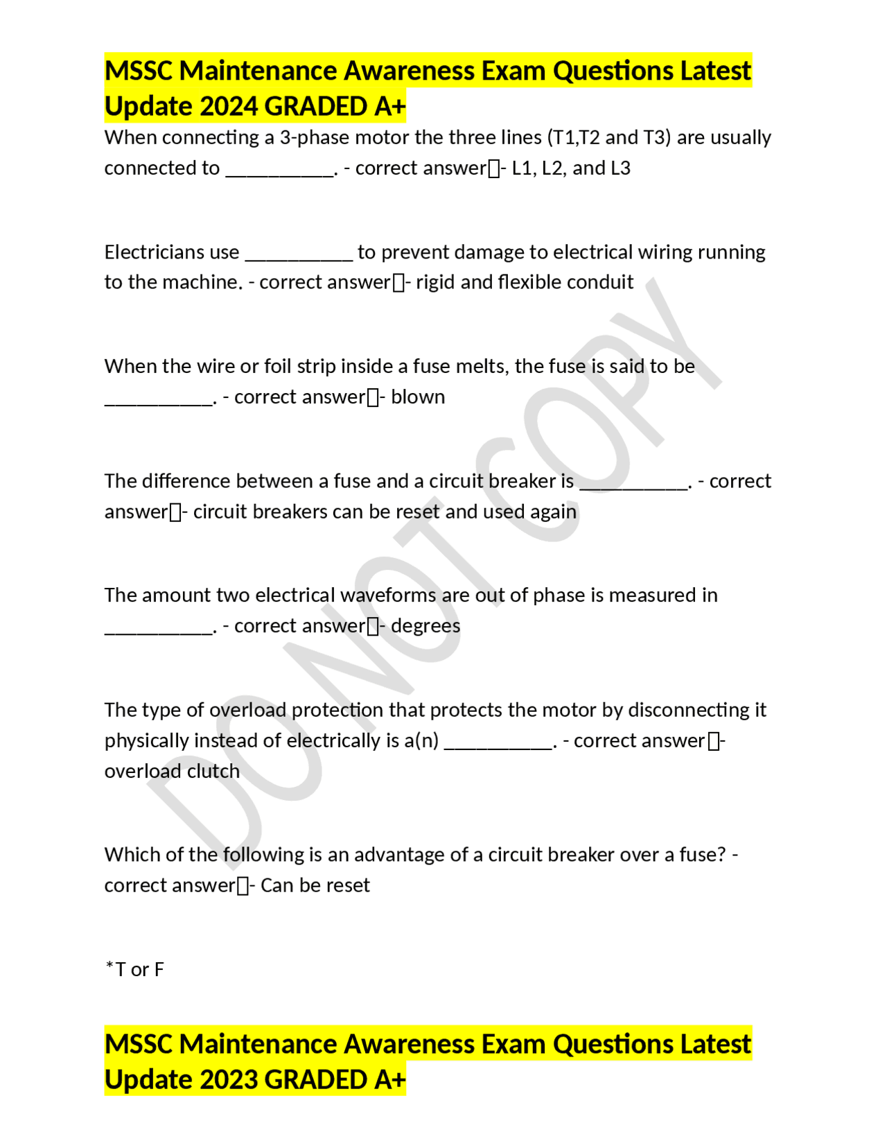 Maintenance Awareness Exam Questions Latest Update 2024 GRADED A+ ...