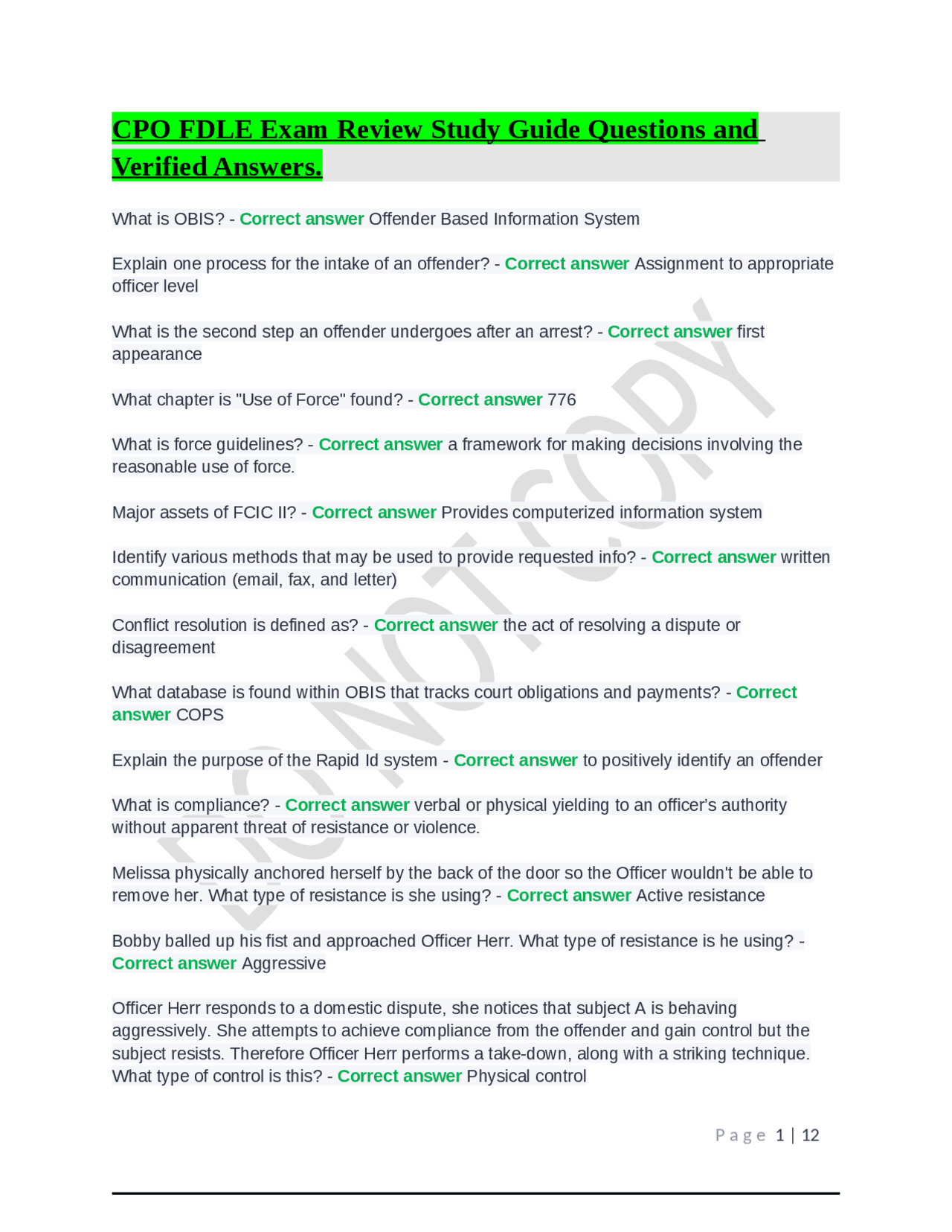 CPO FDLE Exam Review Study Guide Questions and Verified Answers ...