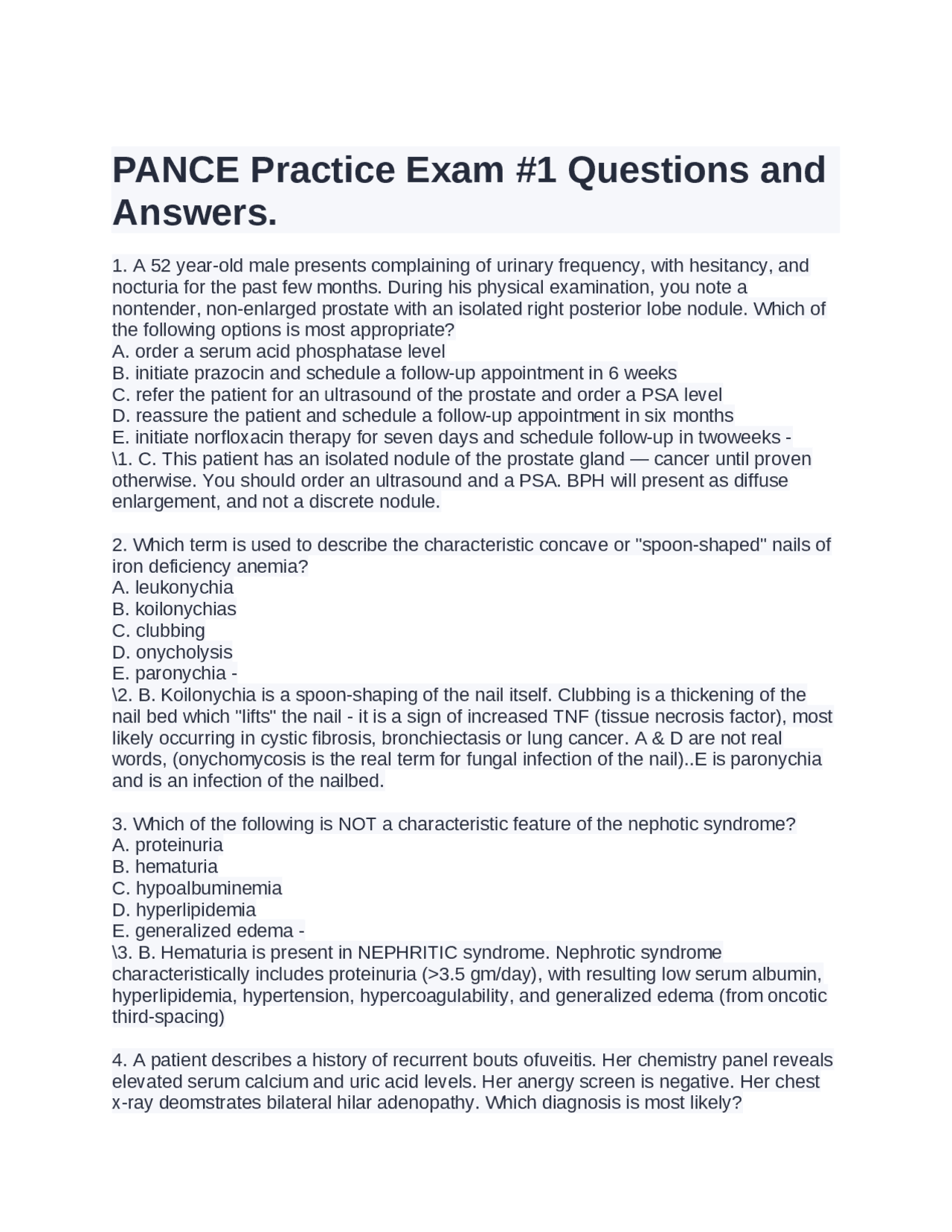 PANCE Practice Exam #1 Questions and Answers. | Exams Medicine | Docsity