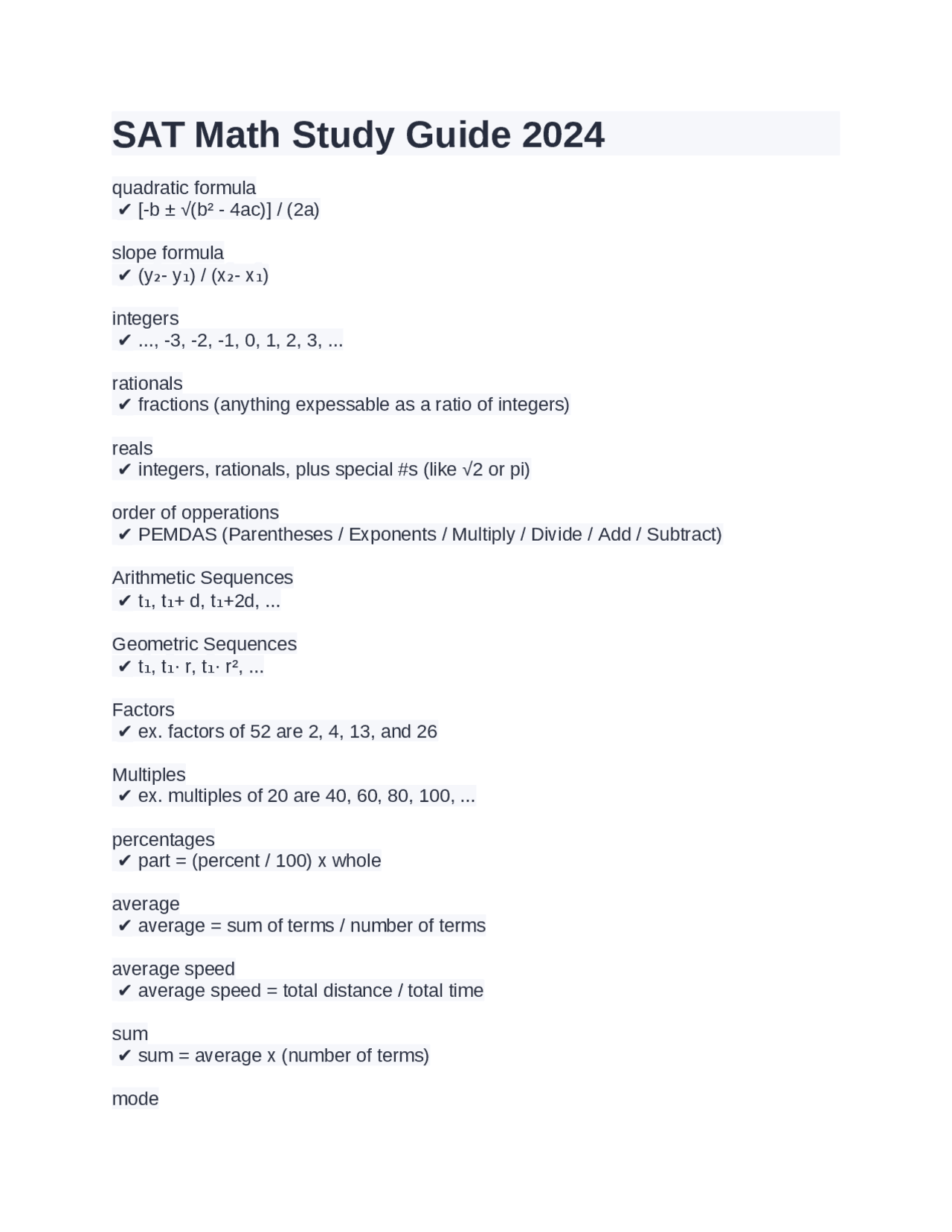 SAT Math Study Guide 2024: Essential Formulas, Sequences, Geometry, and ...