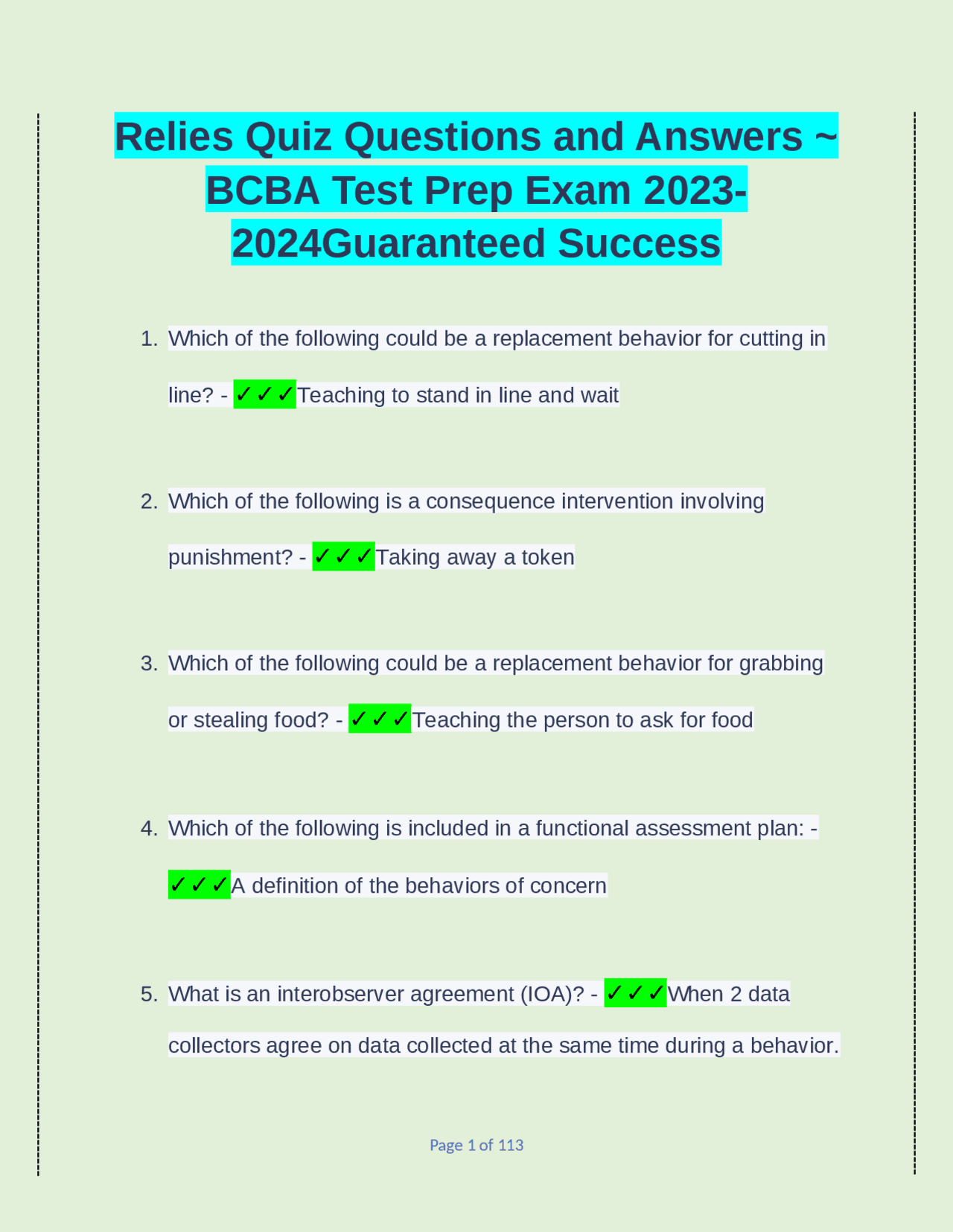 Relies Quiz Questions and Answers ~ BCBA Test Prep Exam 2023 ...