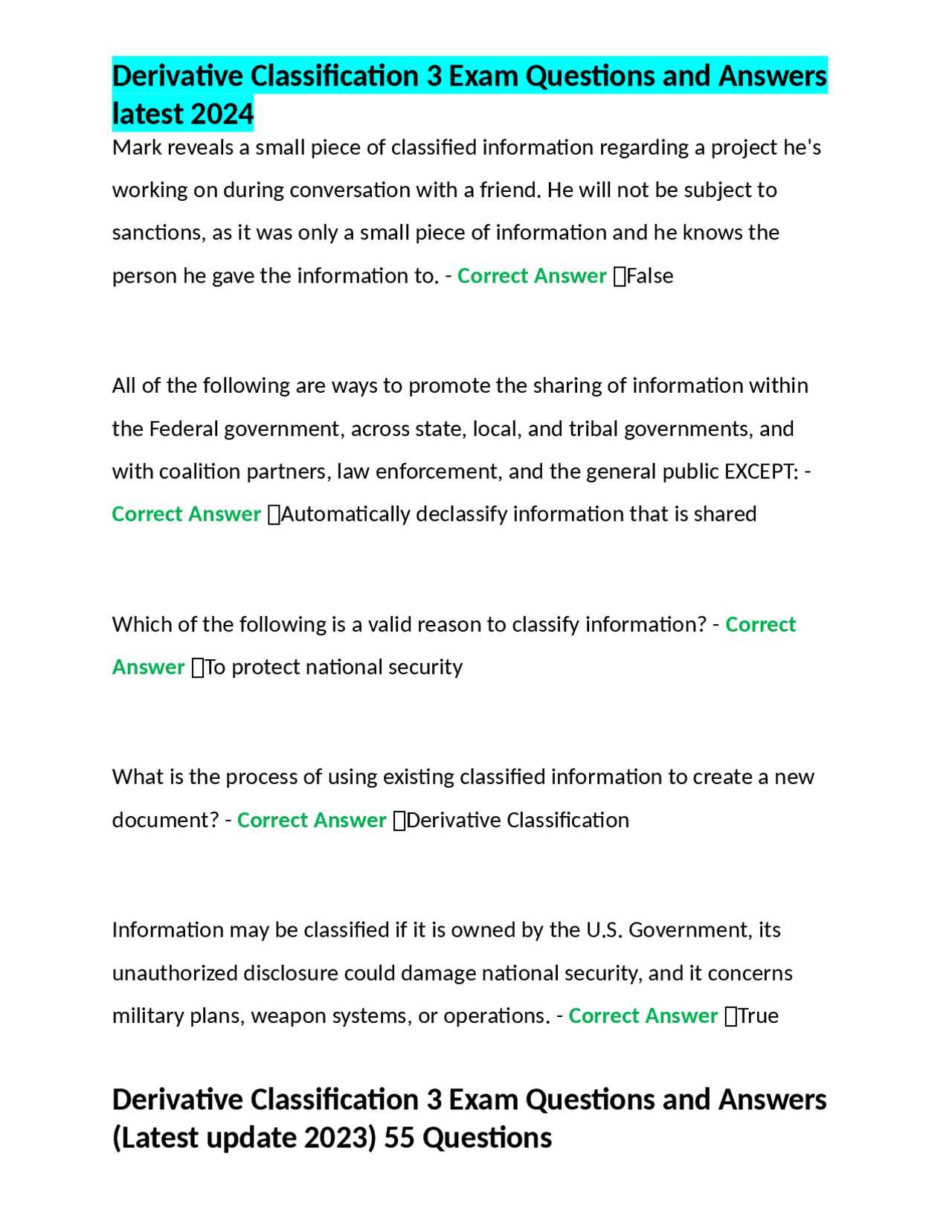 Derivative Classification 3 Exam Questions and Answers latest 2024 ...