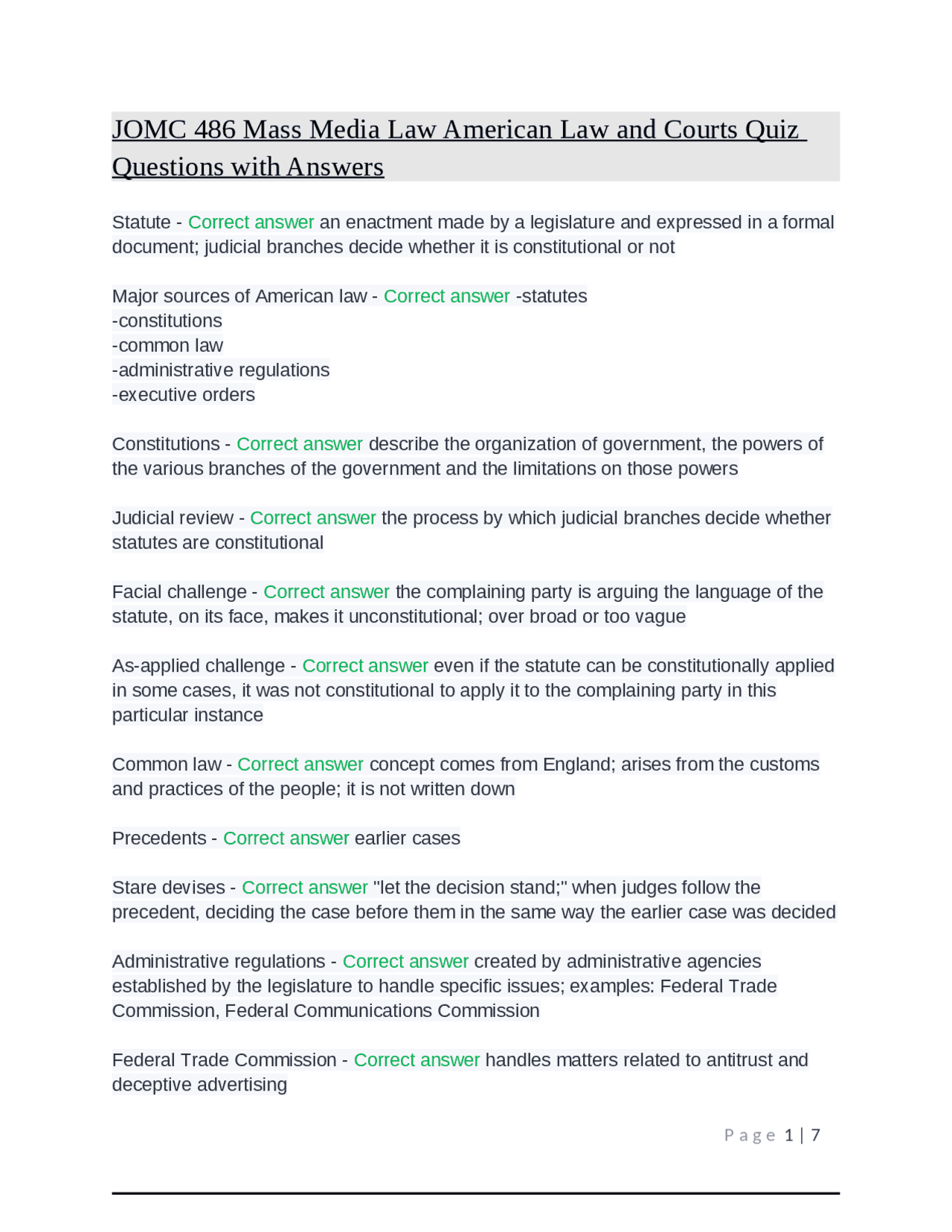 JOMC 486 Mass Media Law American Law and Courts Quiz Questions with ...