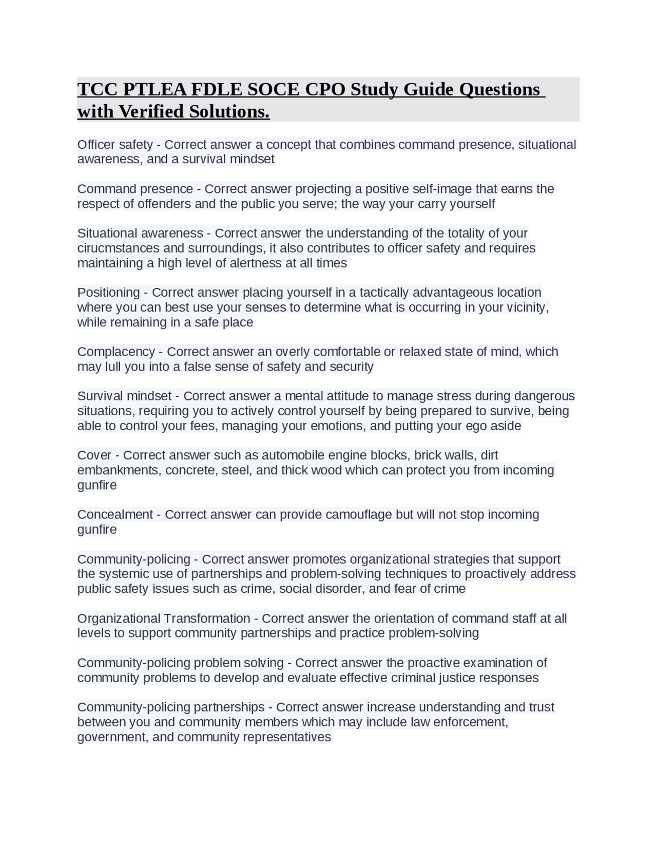 TCC PTLEA FDLE SOCE CPO Study Guide Questions with Verified Solutions ...