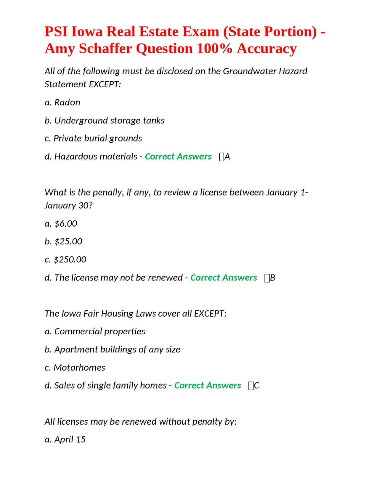 PSI Iowa Real Estate Exam (State Portion) - Amy Schaffer Question 100% ...