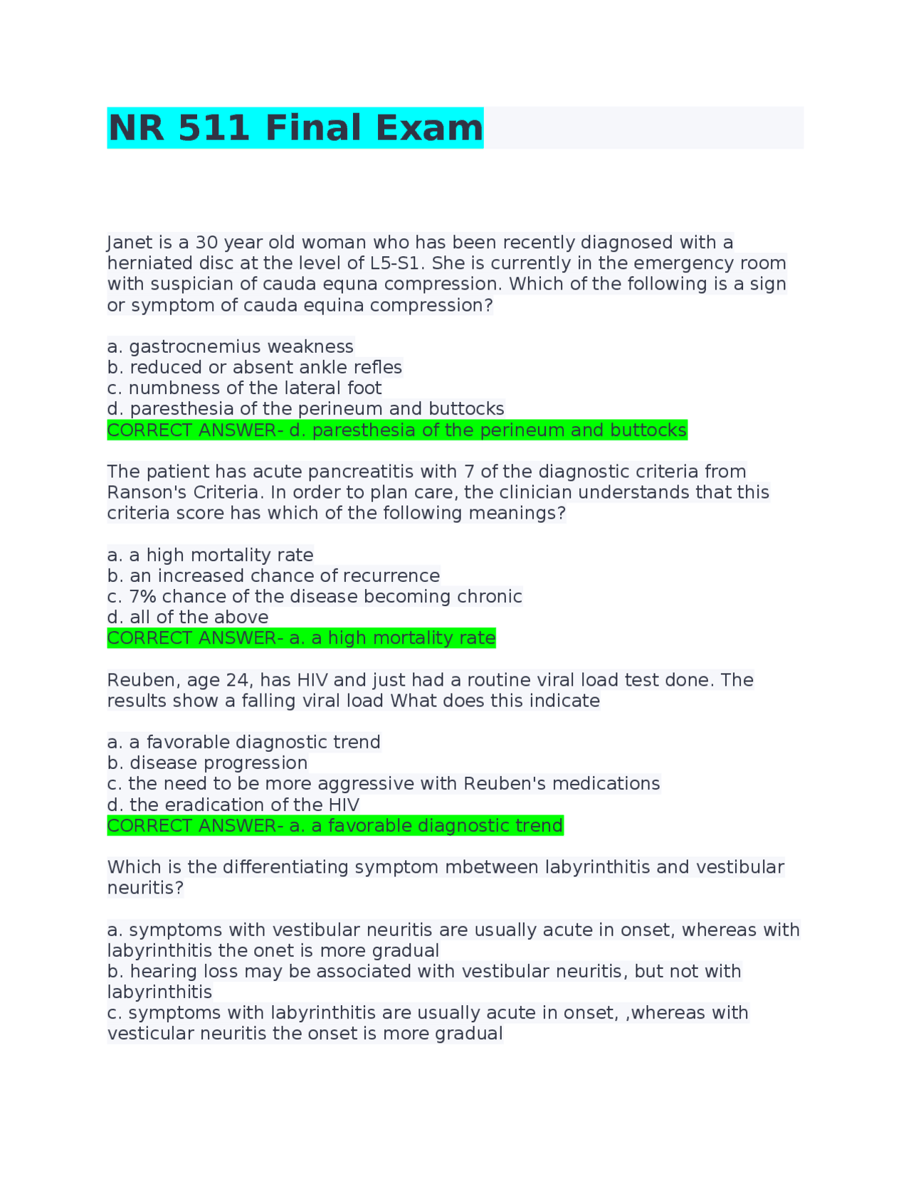 NR 511 FINAL EXAM SPRING 2024 ACTUAL QUESTIONS AND ANSWERS WITH COMPLETE SOLUTION | Exams ...