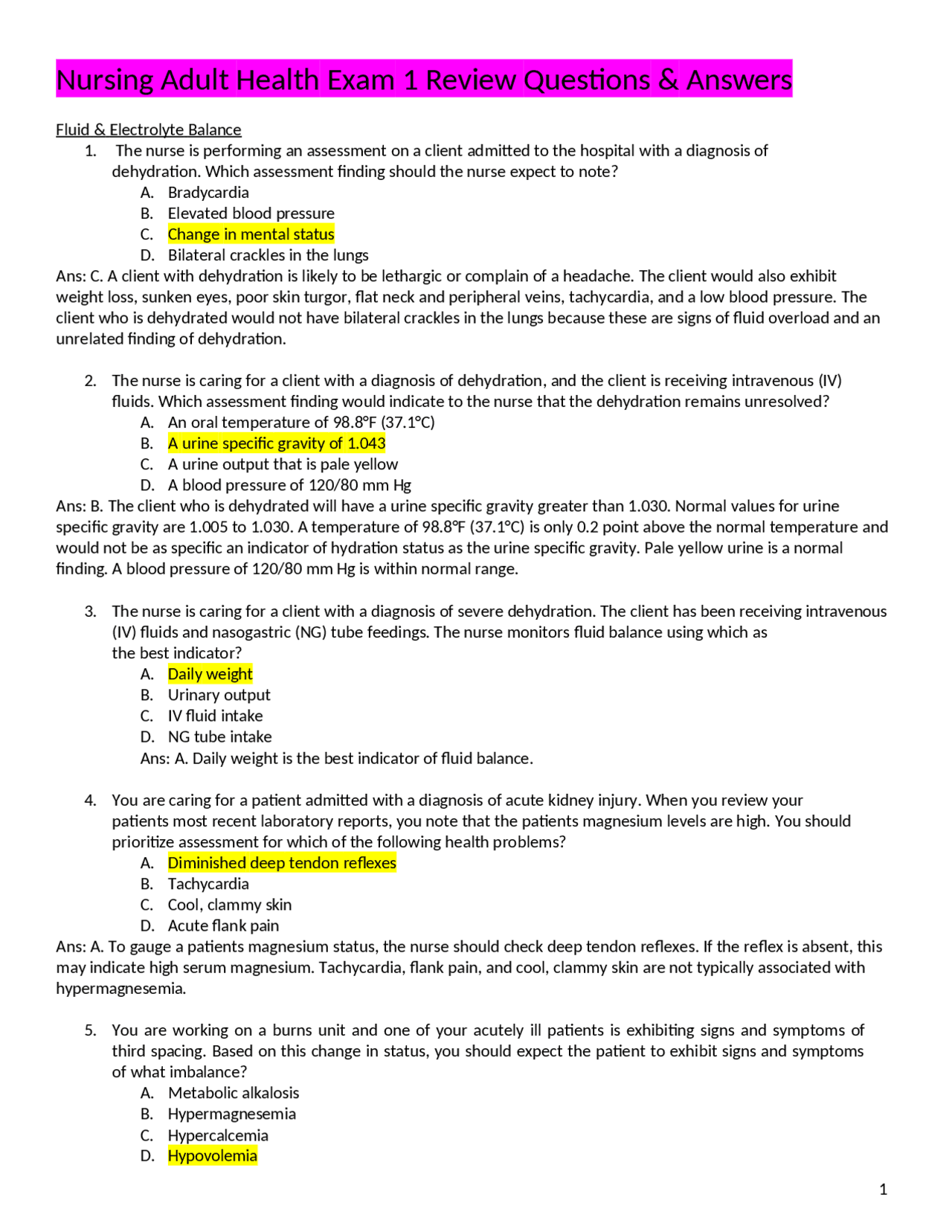 Nursing Adult Health Exam 1 Review Questions & Answers | Exams Nursing ...