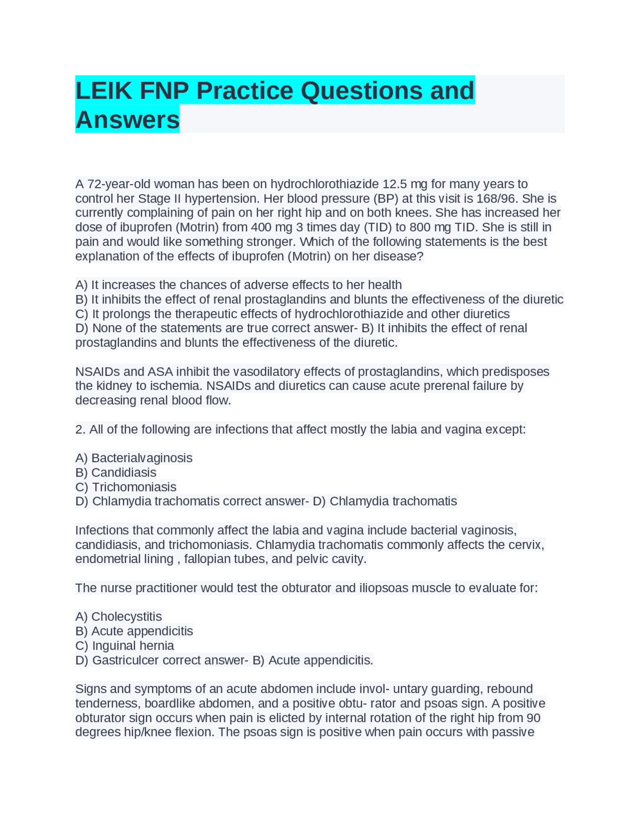 2024/2025 LEIK FNP PRACTICE QUESTIONS AND ANSWERS COMPLETE AND VERIFIED ...