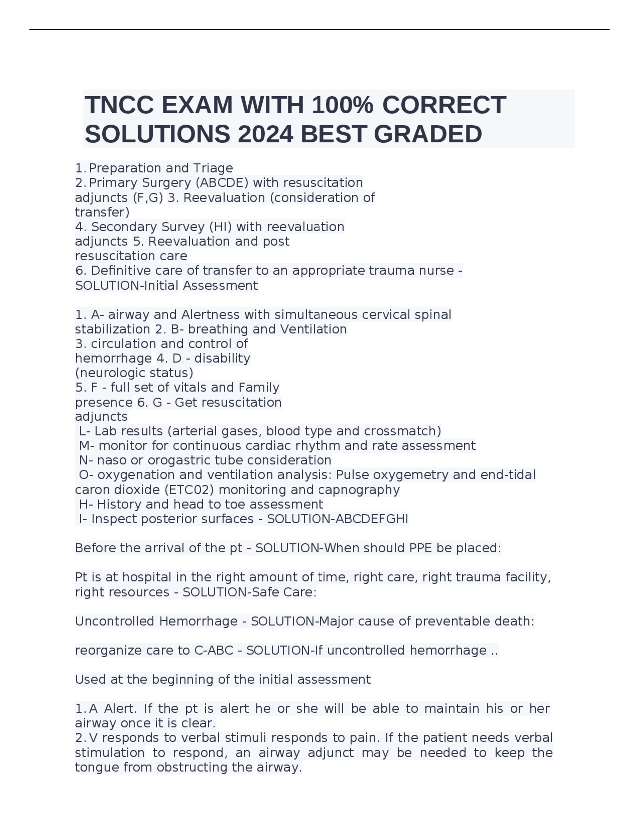 TNCC EXAM WITH 100% CORRECT SOLUTIONS 2024 BEST GRADED | Exams Nursing ...