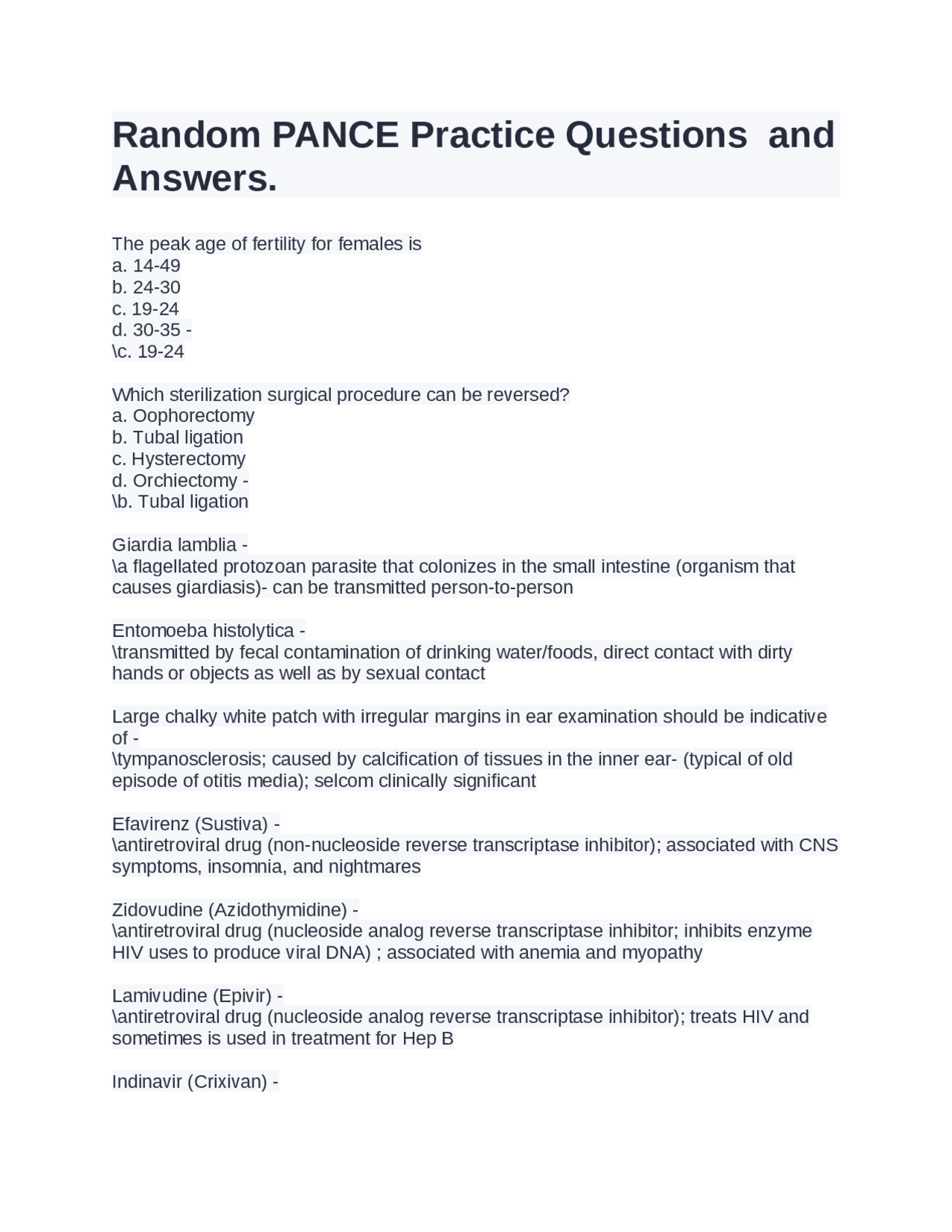 Random PANCE Practice Questions and Answers. | Exams Medicine | Docsity